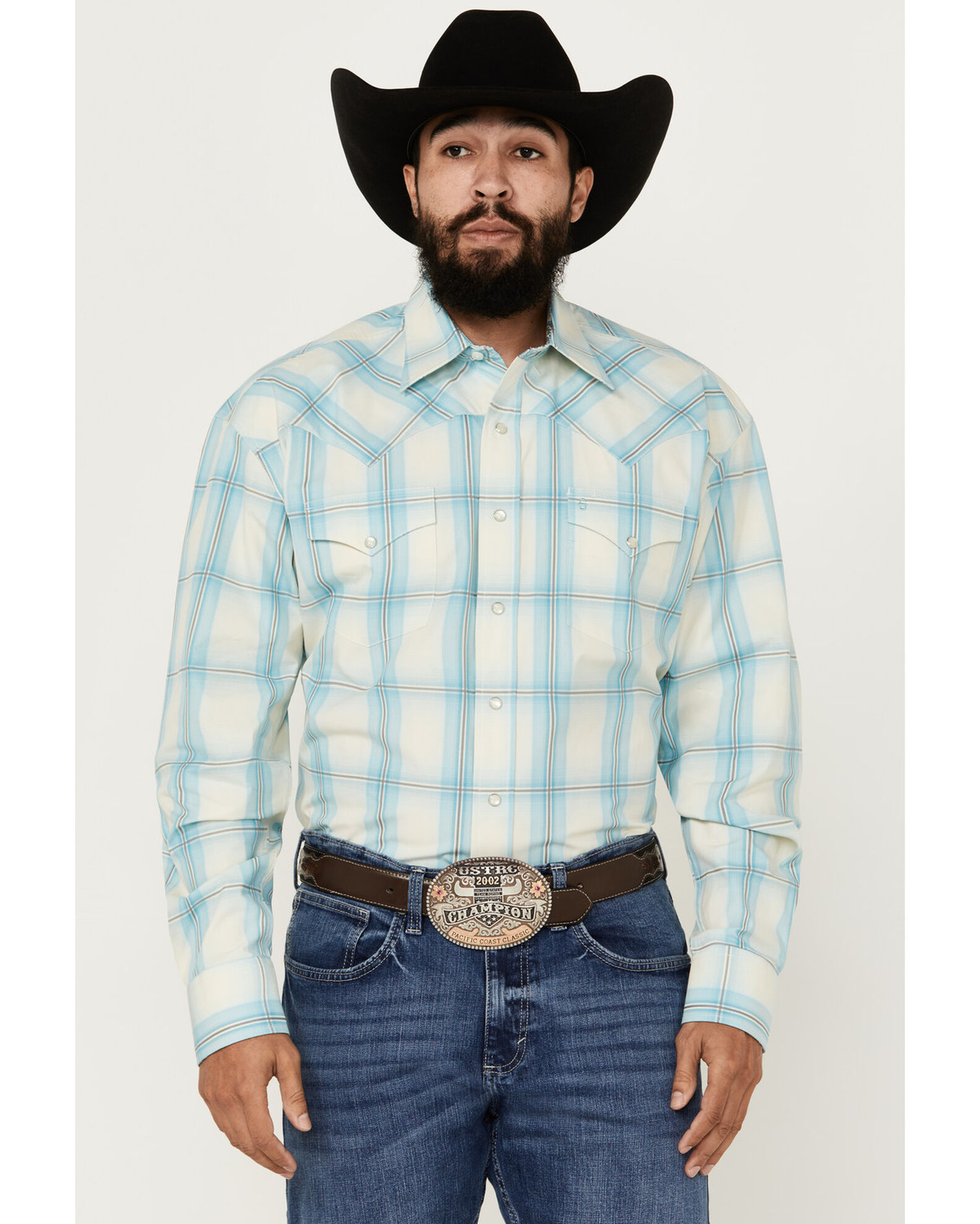 Stetson Men's Plaid Print Long Sleeve Pearl Snap Western Shirt, Turquoise