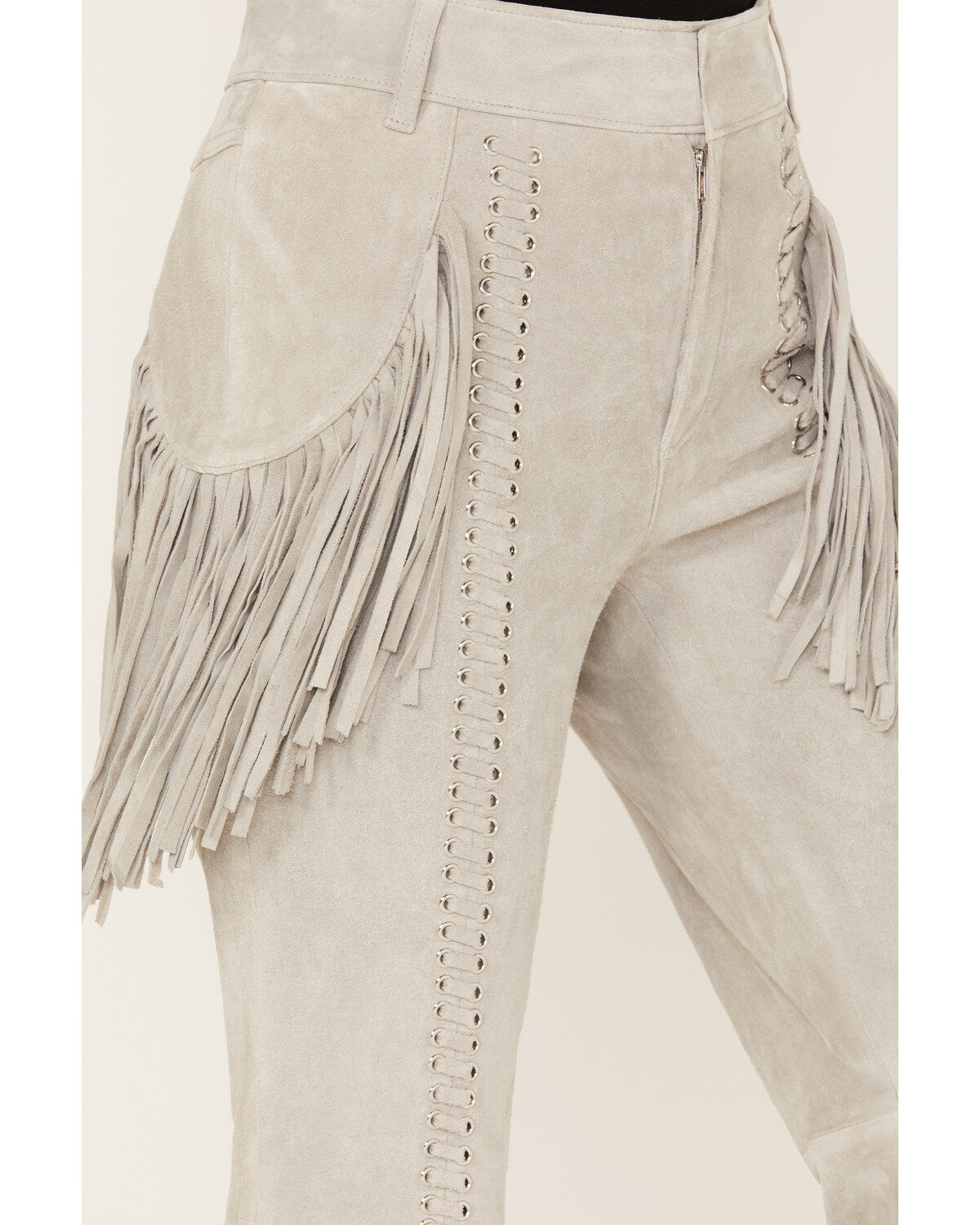 Wonderwest Women's Leather Fringe Pants, Grey