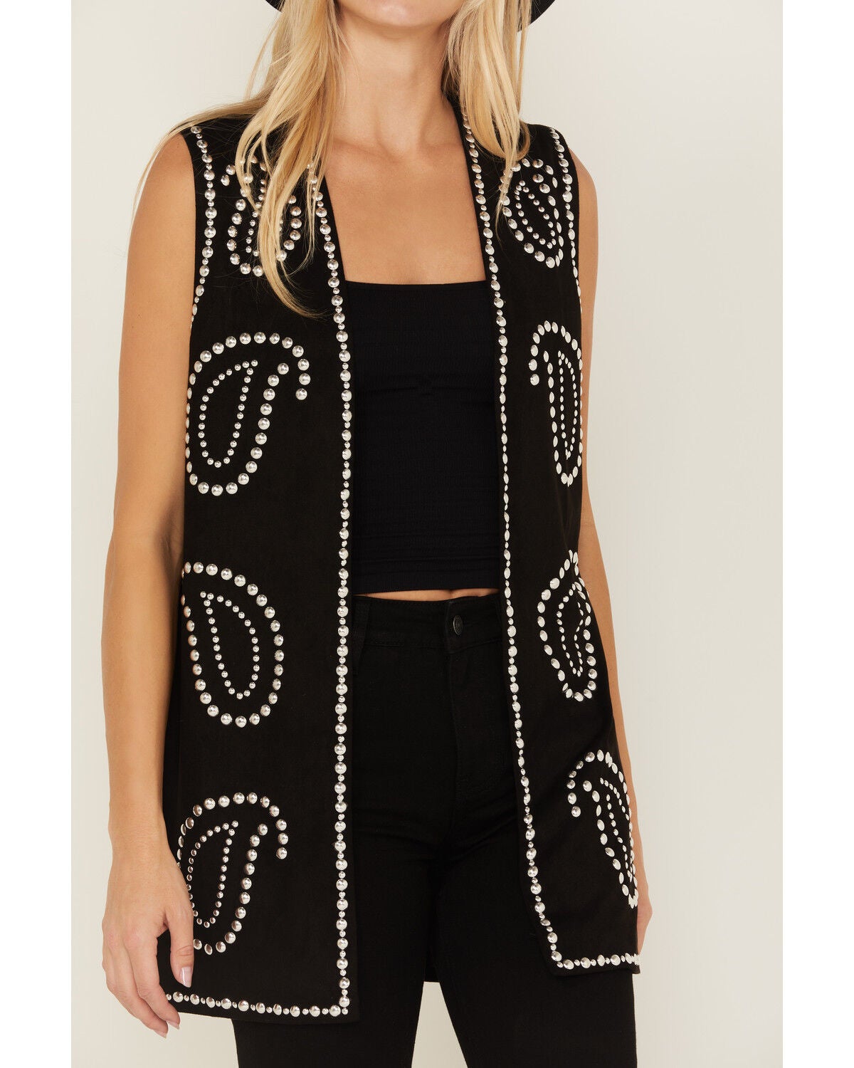 Fornia Women's Paisley Studded Longline Vest, Black