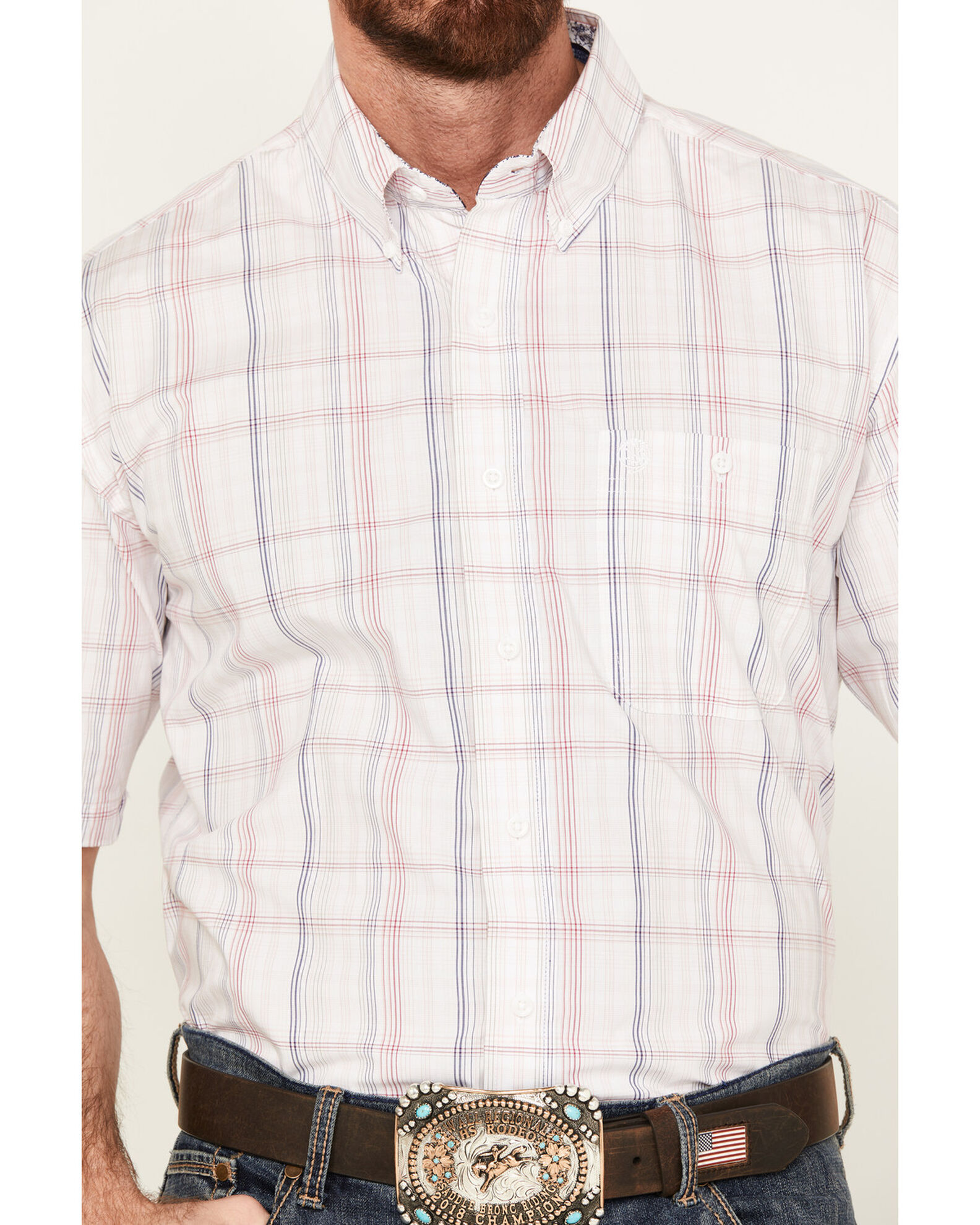 George Strait By Wrangler Mens Plaid Print Short Sleeve Button Down