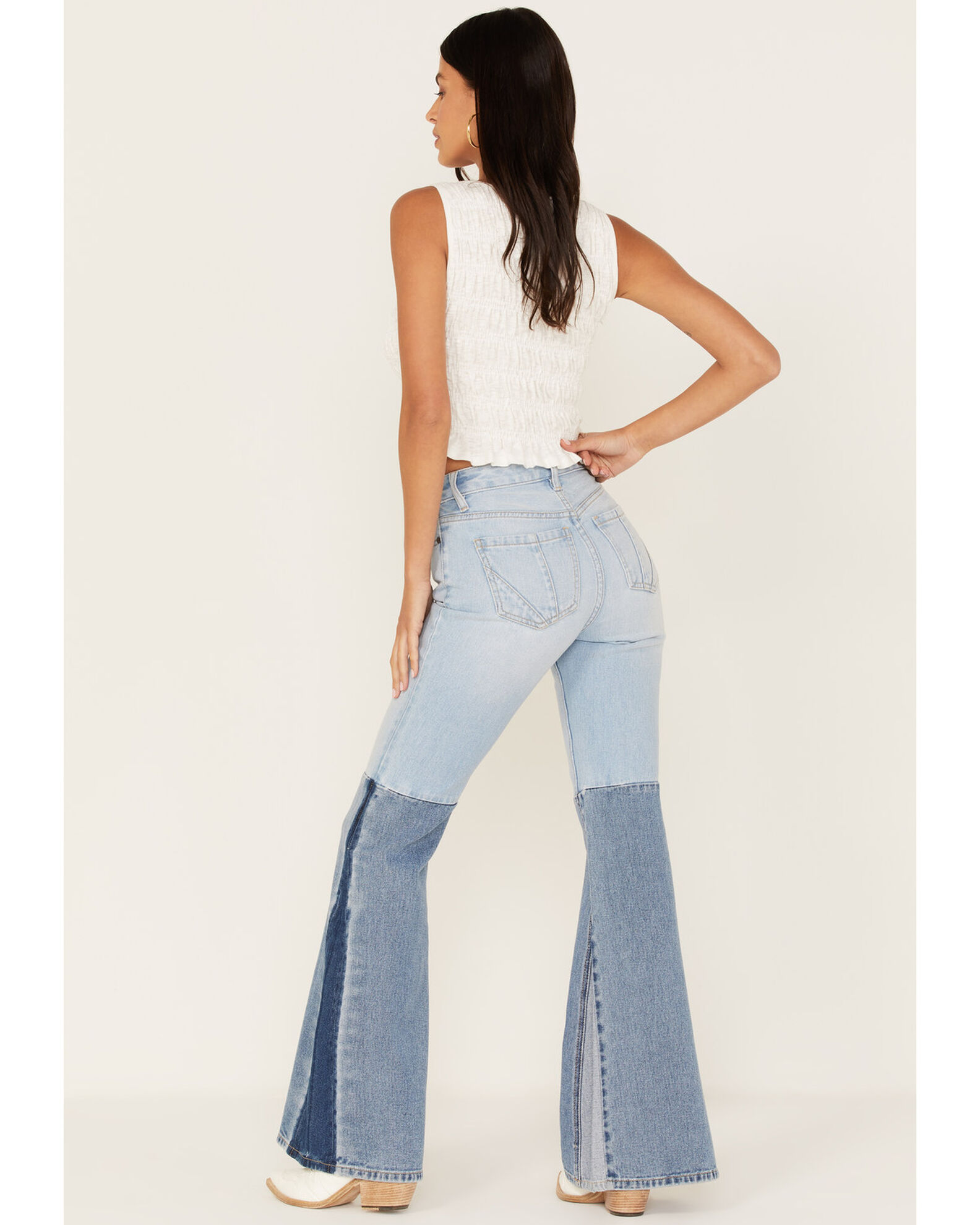 Shyanne Women's Two Tone Seamed Light Wash High Rise Flare Jeans, Dark Wash