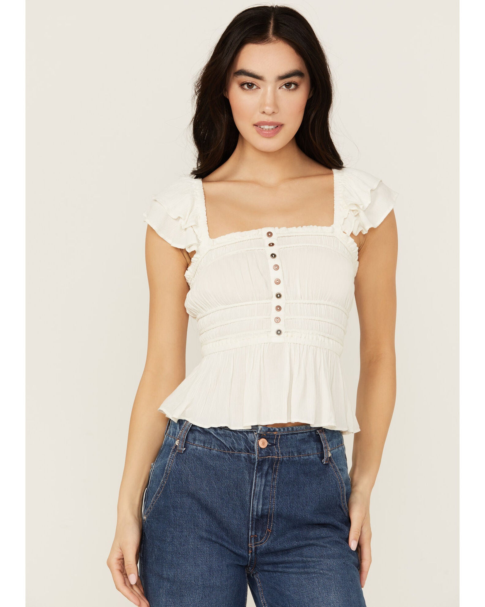 Shyanne Women's Flutter Sleeve Smocked Tank, Cream