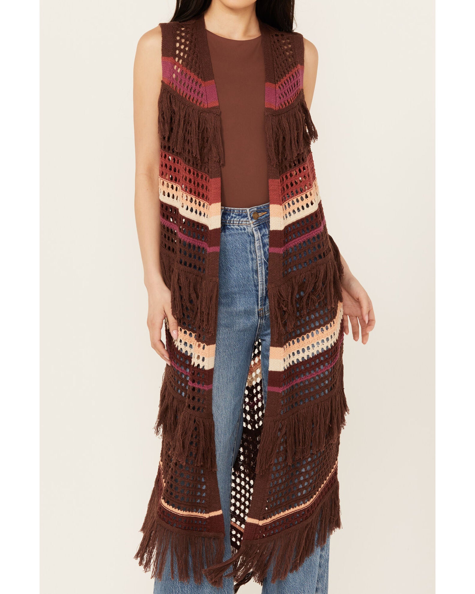 Shyanne Women's Long Striped Crochet Fringe Sweater Vest, Dark Brown