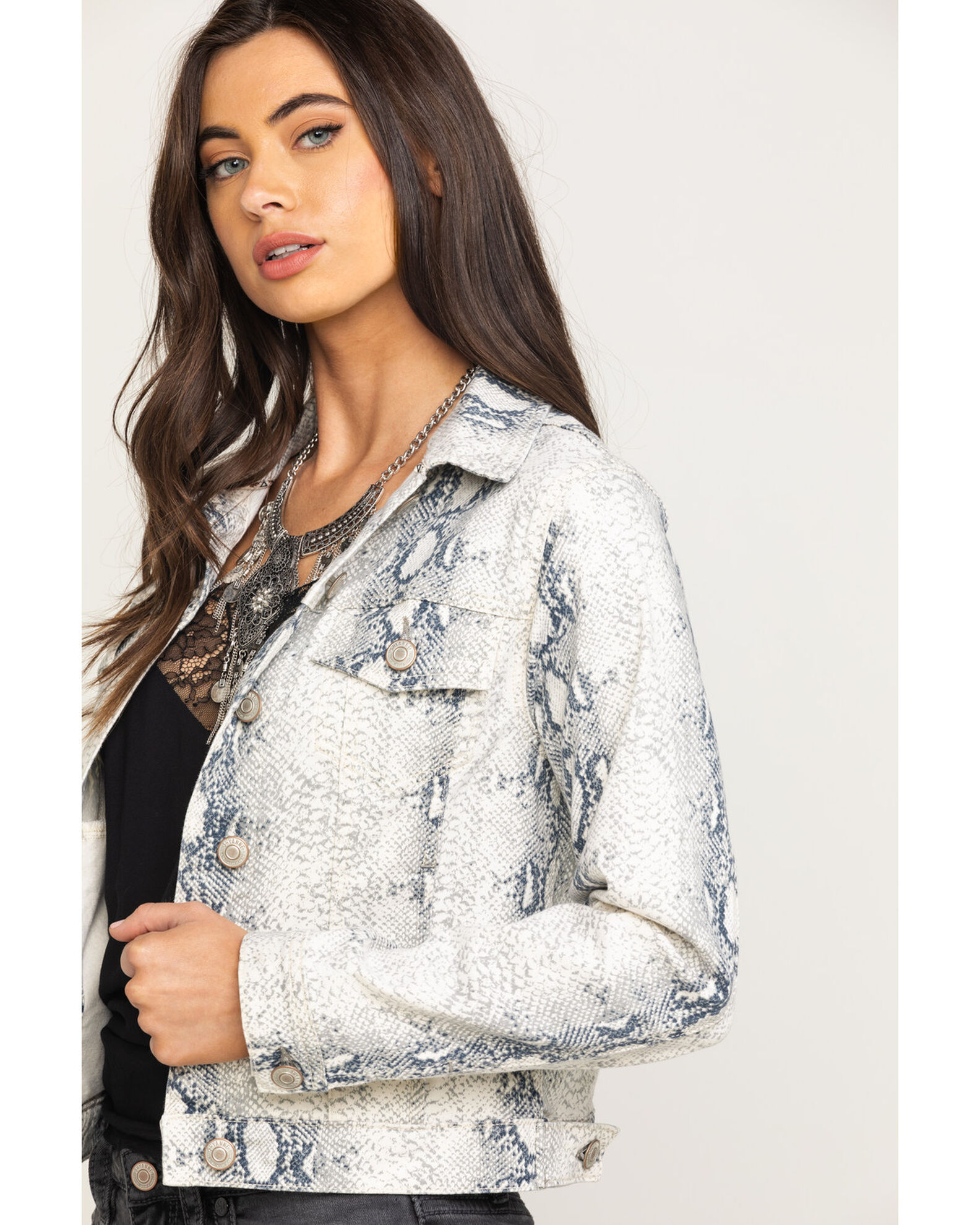 Product Name: Shyanne Women's Python Print Denim Trucker Jacket