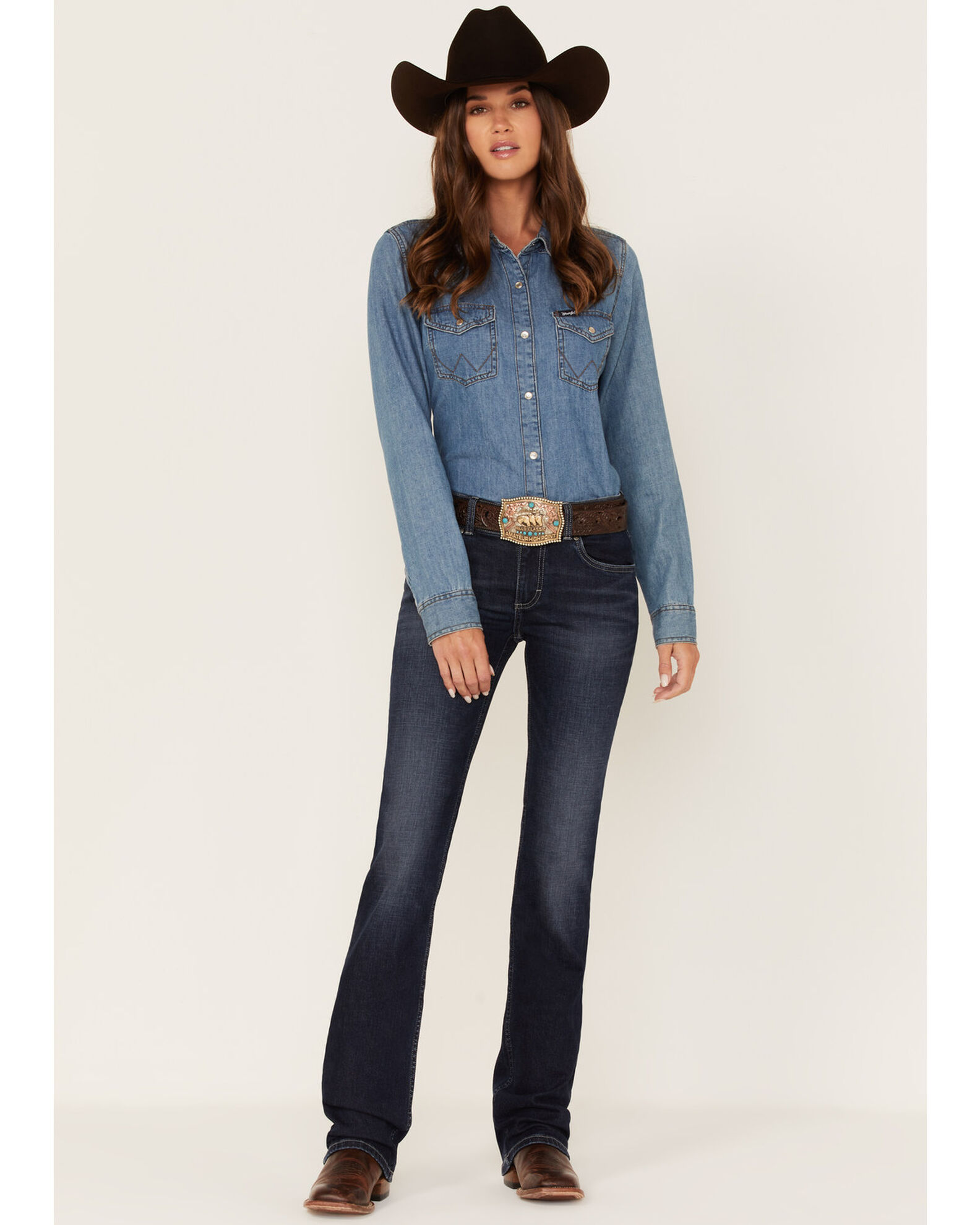 Wrangler Retro Women's Dark Wash Mid Rise Mae Alexis Stretch Bootcut Jeans, Blue