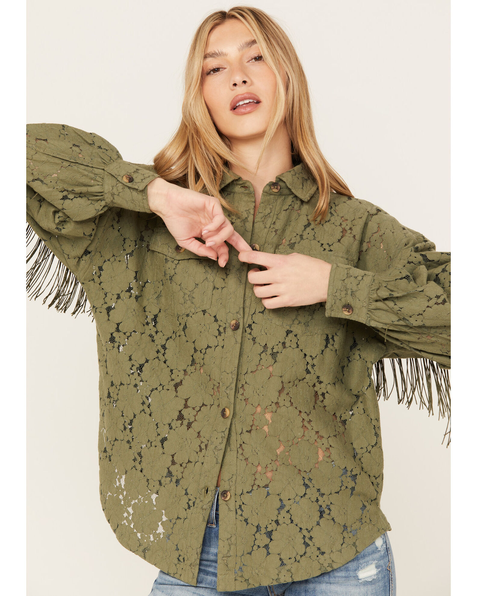Shyanne Women's Lace Fringe Button Down Shacket, Olive
