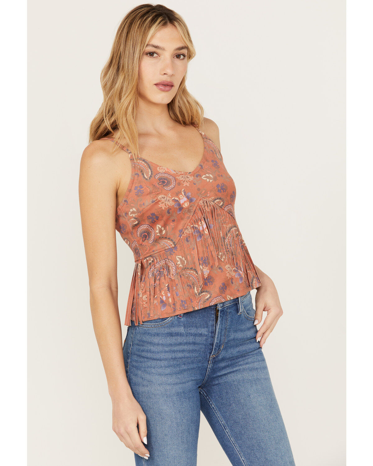 Idyllwind Women's Golden Road Print Fringe Top, Pecan