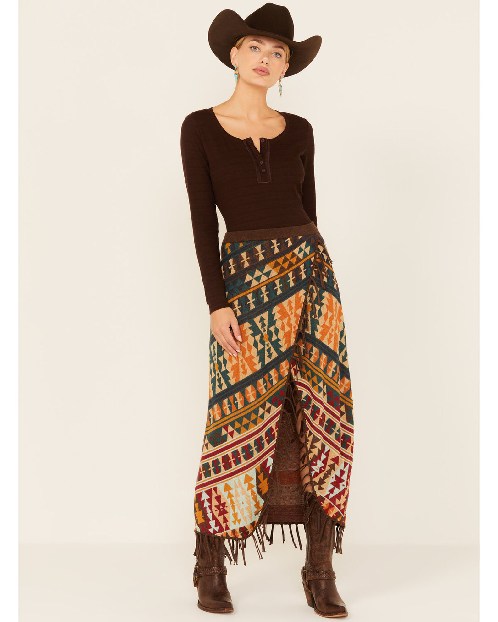 Tasha Polizzi Women's Southwestern Print Tassel Midi Joss Skirt, Multi
