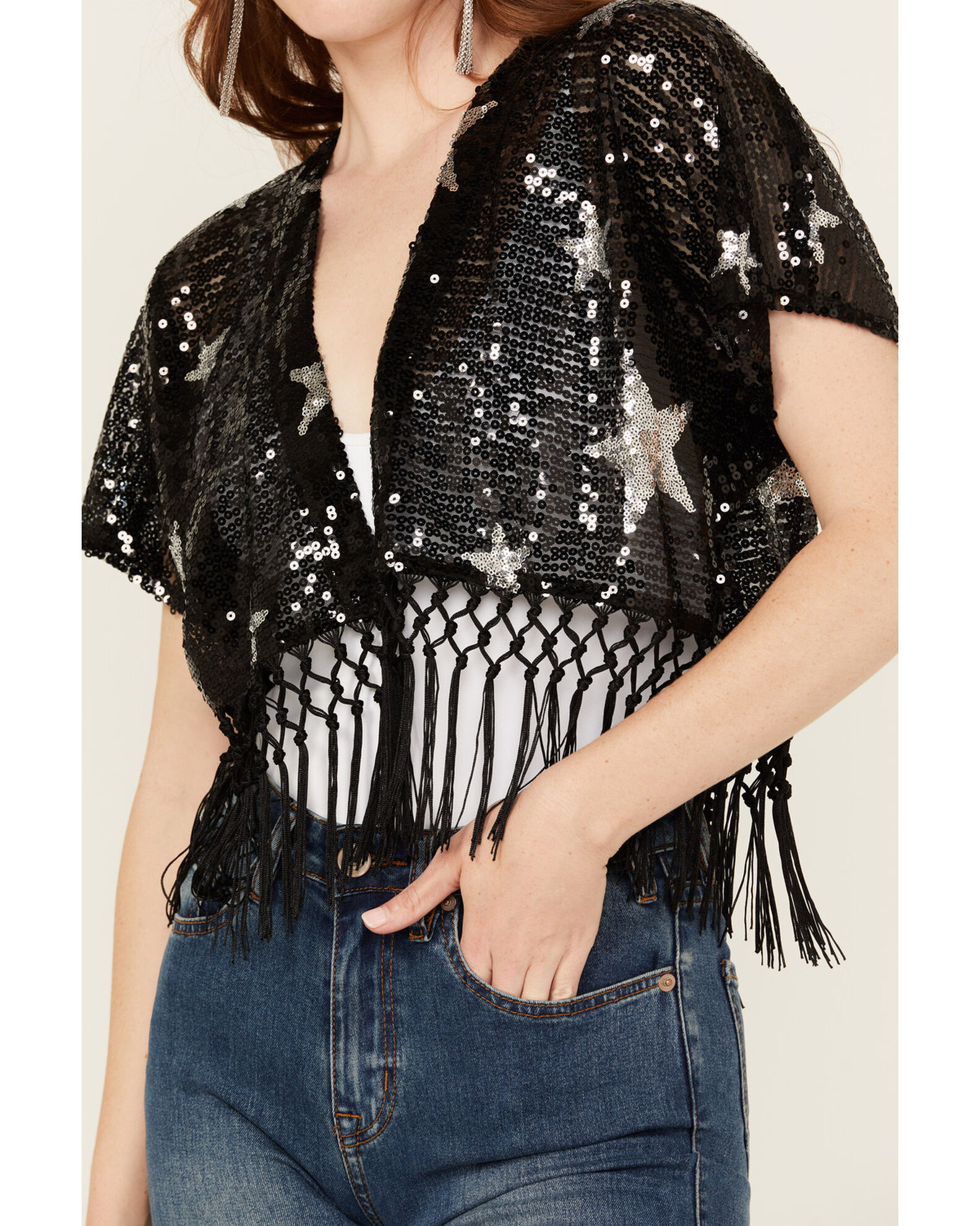 Rock & Roll Denim Women's Star Sequins Fringe Bolero, Black