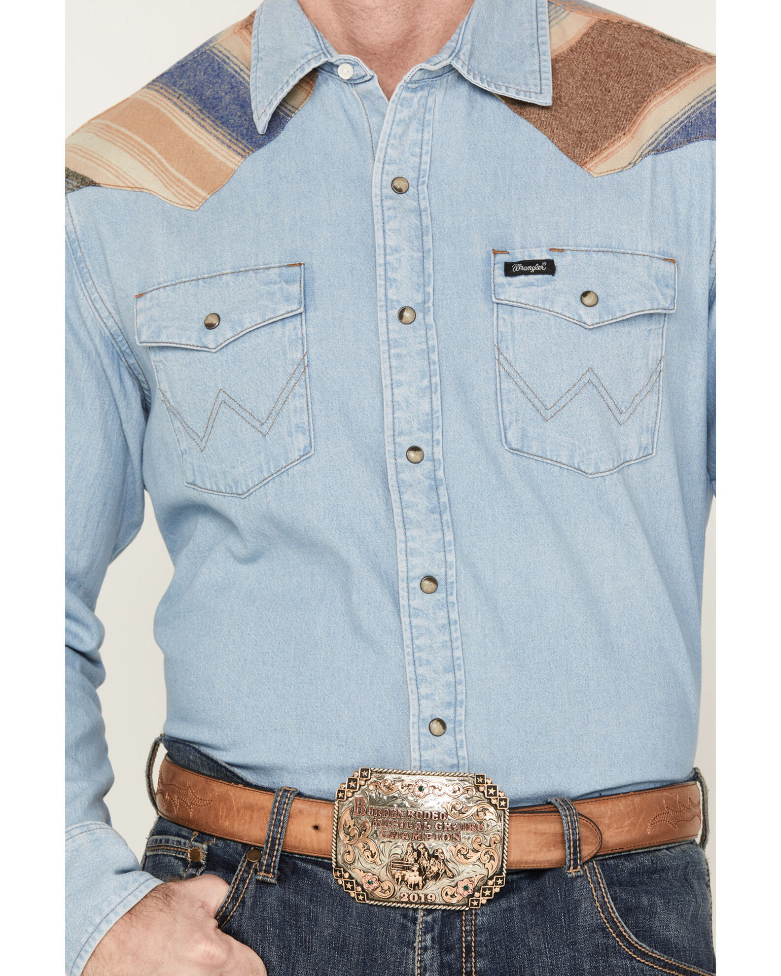 Wrangler Mens Pendleton Long Sleeve Western Work Shirt Light Wash
