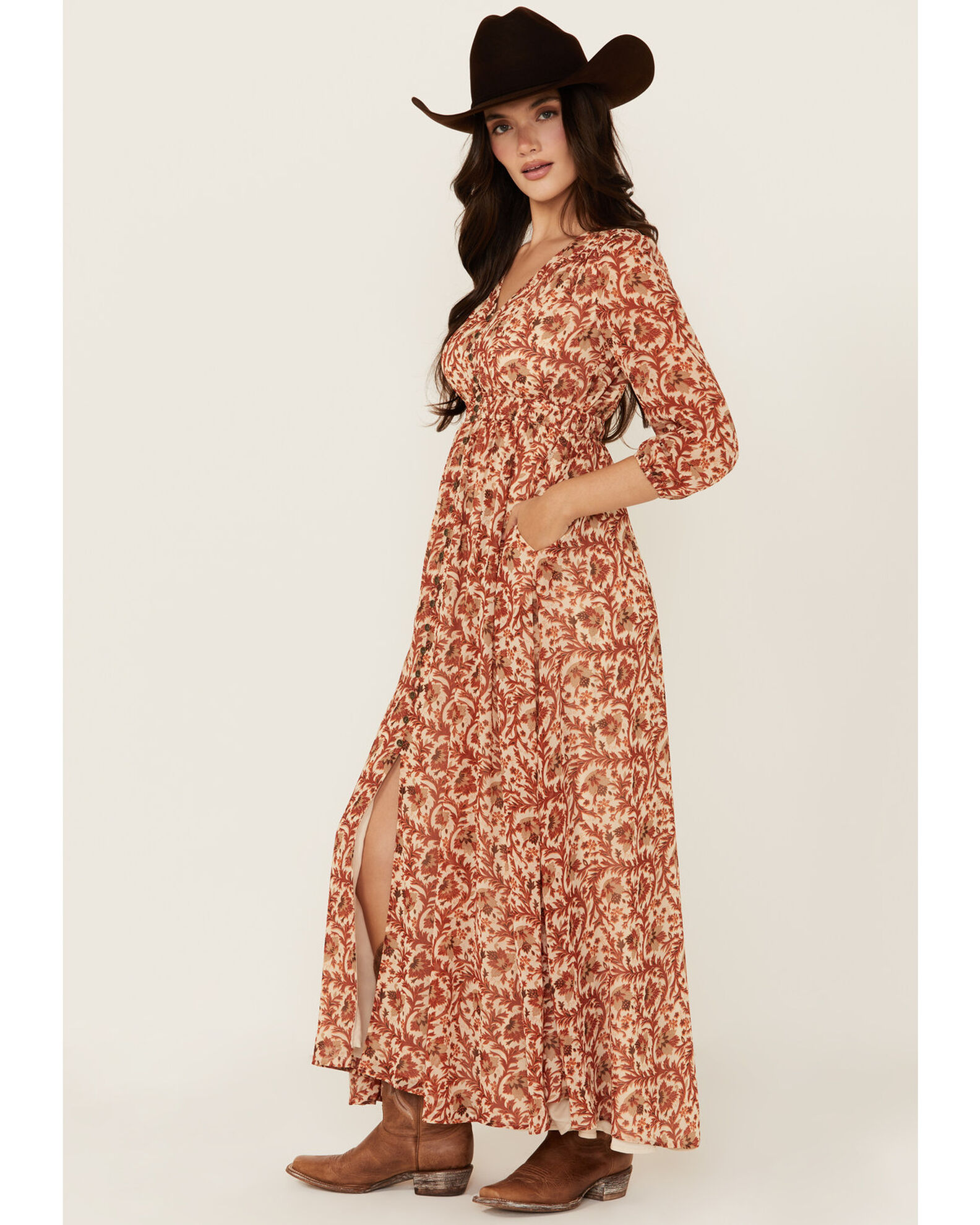 Shyanne Women's Chiffon Floral Print Maxi Dress, Taupe