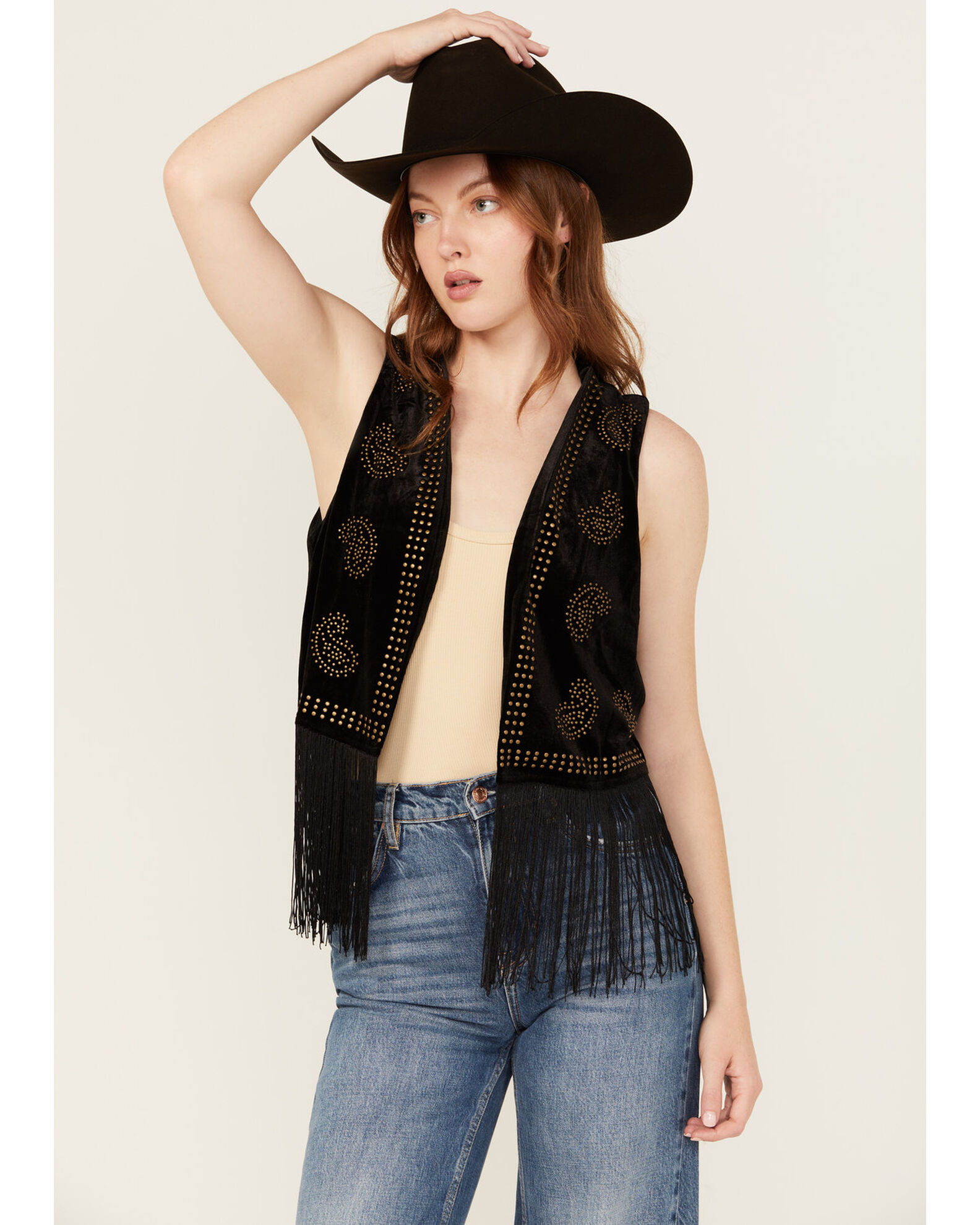 Vocal Women's Studded Faux Suede Fringe Vest, Black