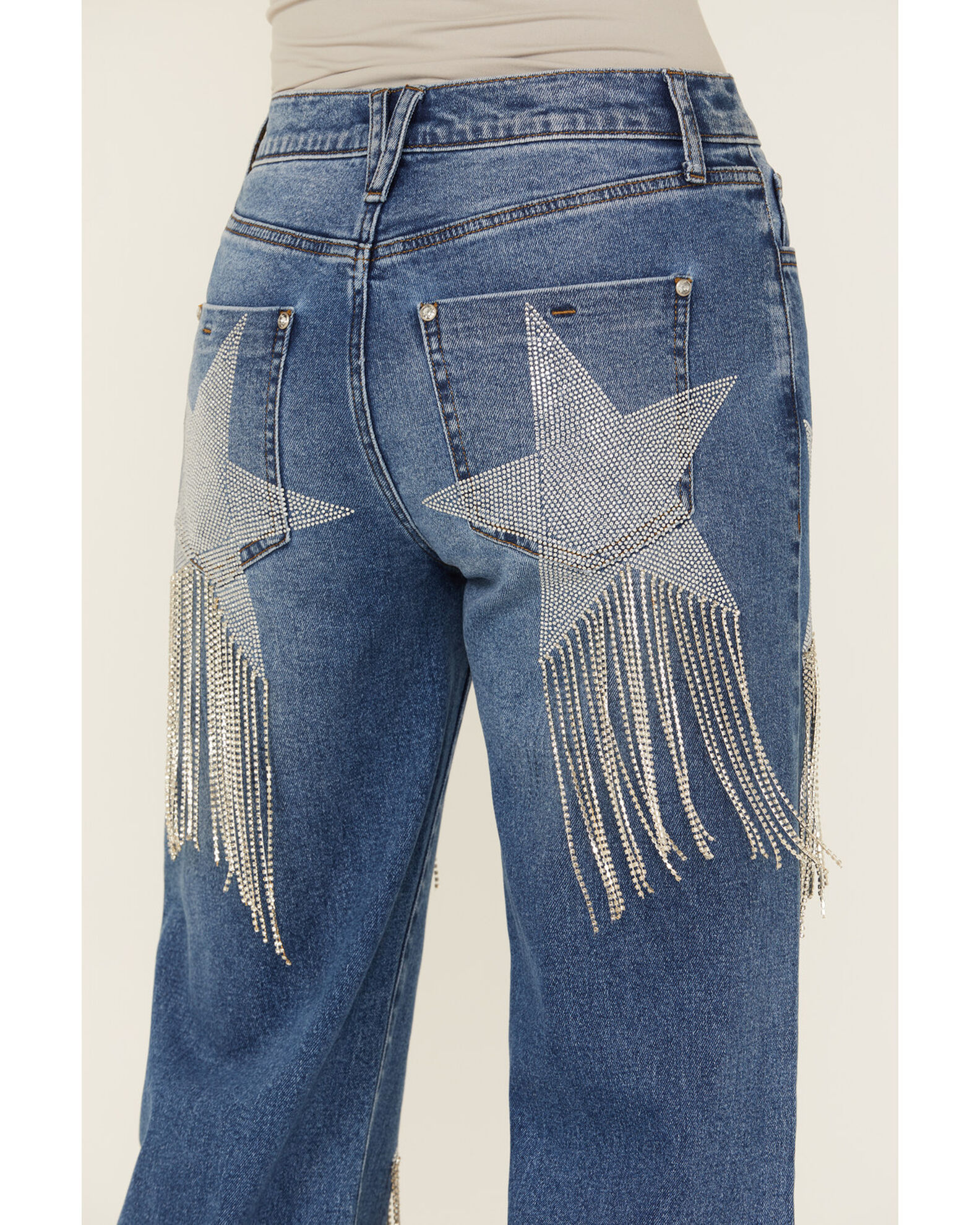 Product Name: Vibrant Denim Women's Rhinestone Star Fringe Mid Rise ...