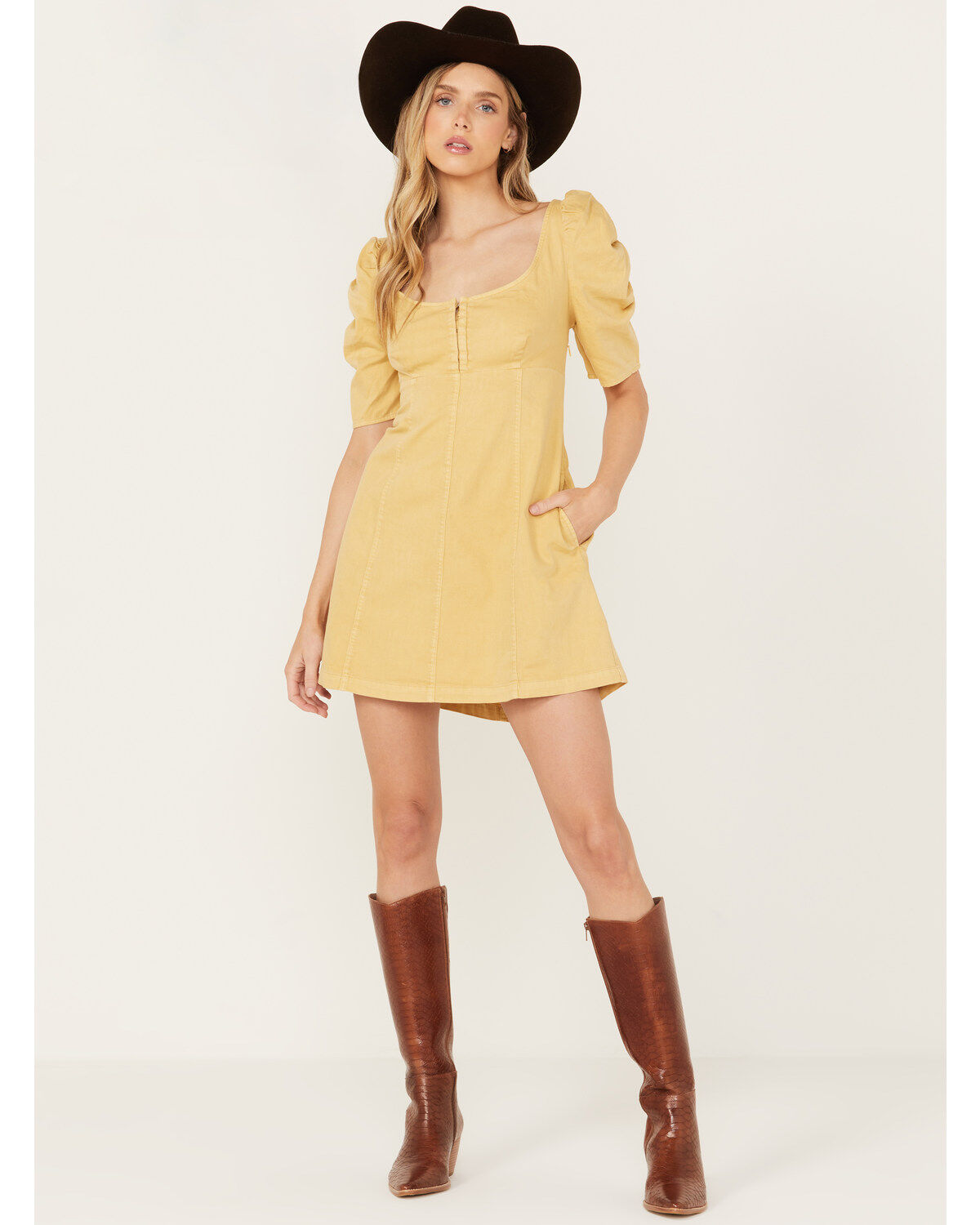 Free People Women's Cheyenne Denim Mini Dress, Yellow