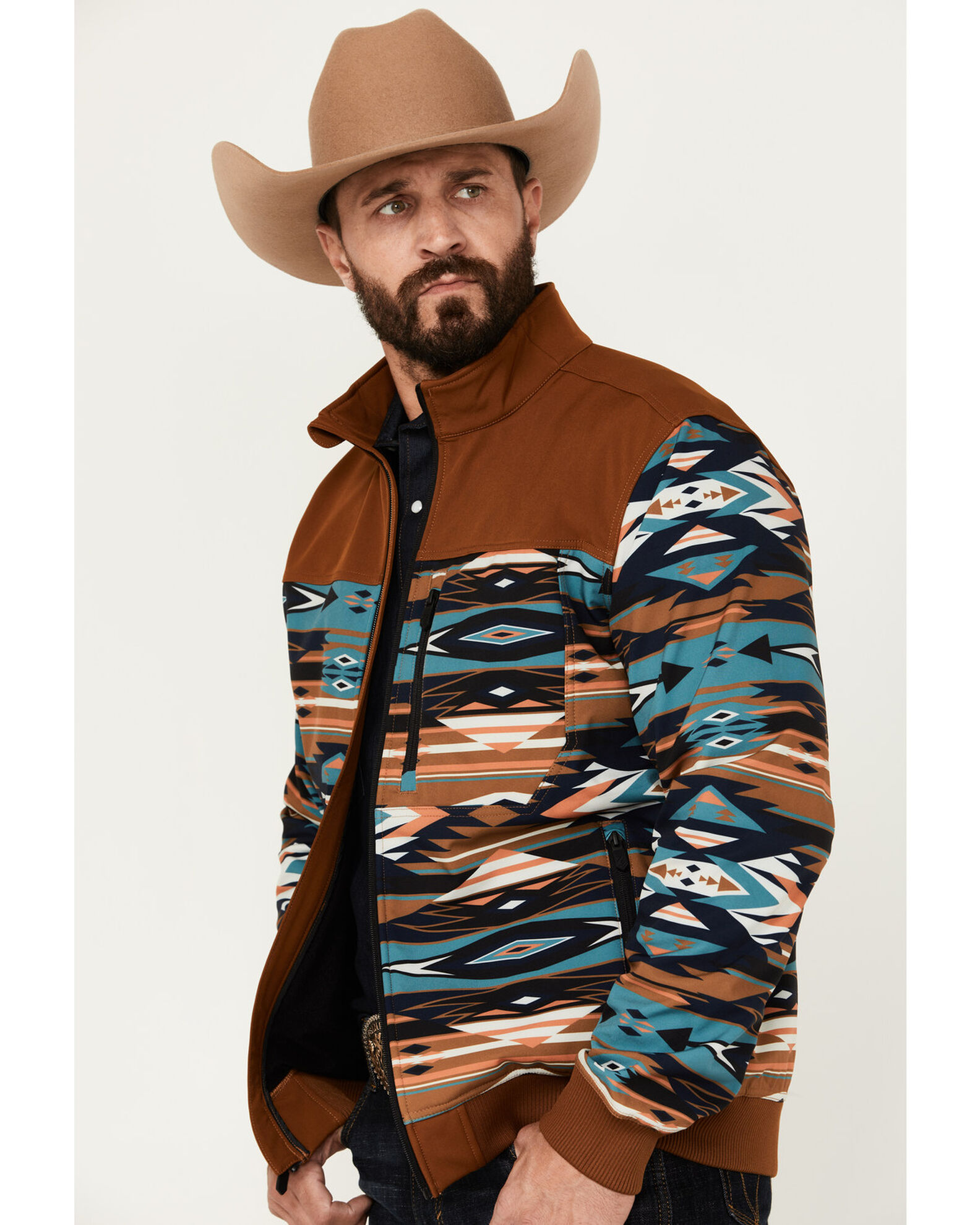Rank 45® Mens Southwestern Print Bomber Softshell Jacket Rust Copper