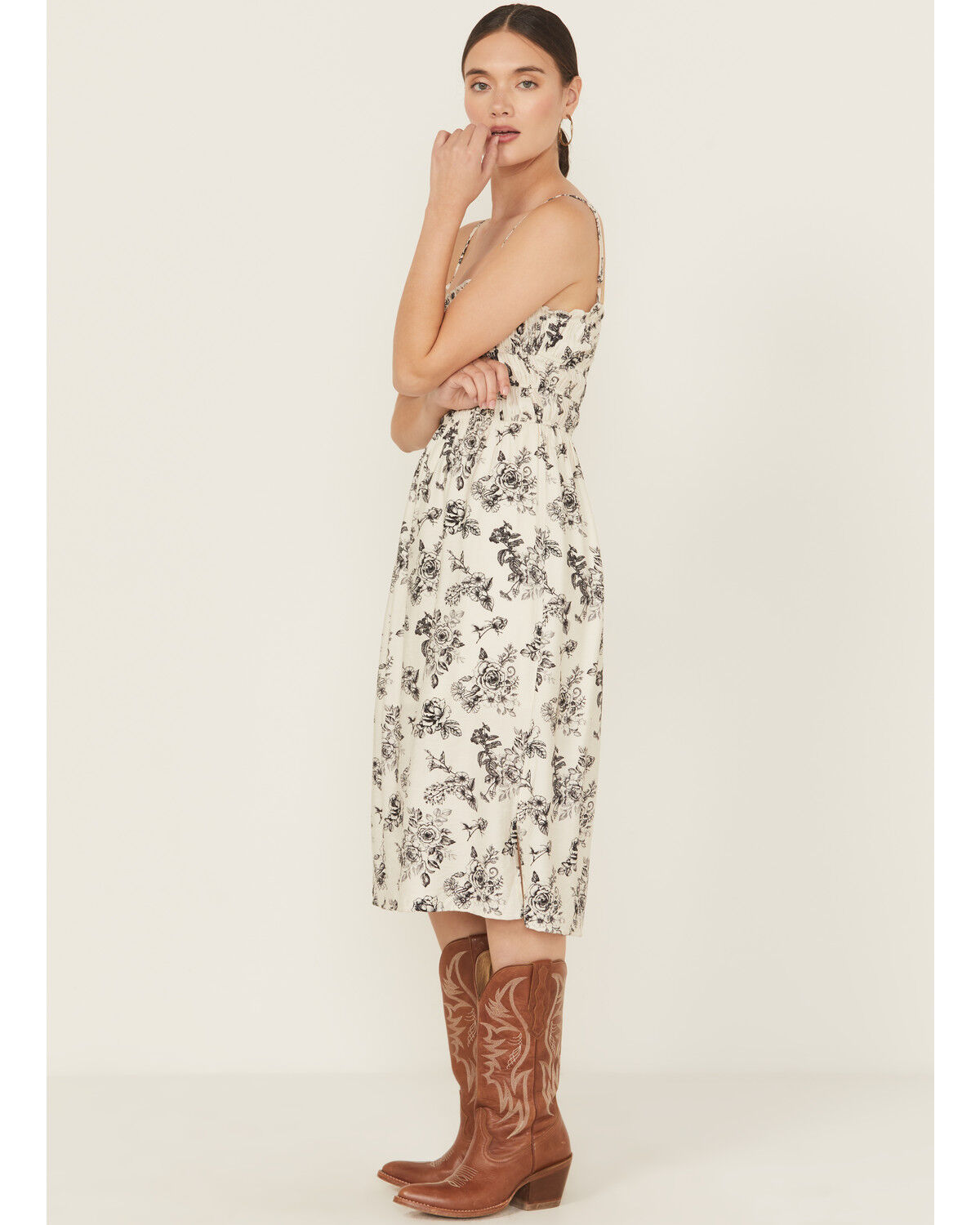 Wild Moss Women's Floral Print Smocked Midi Dress, Ivory