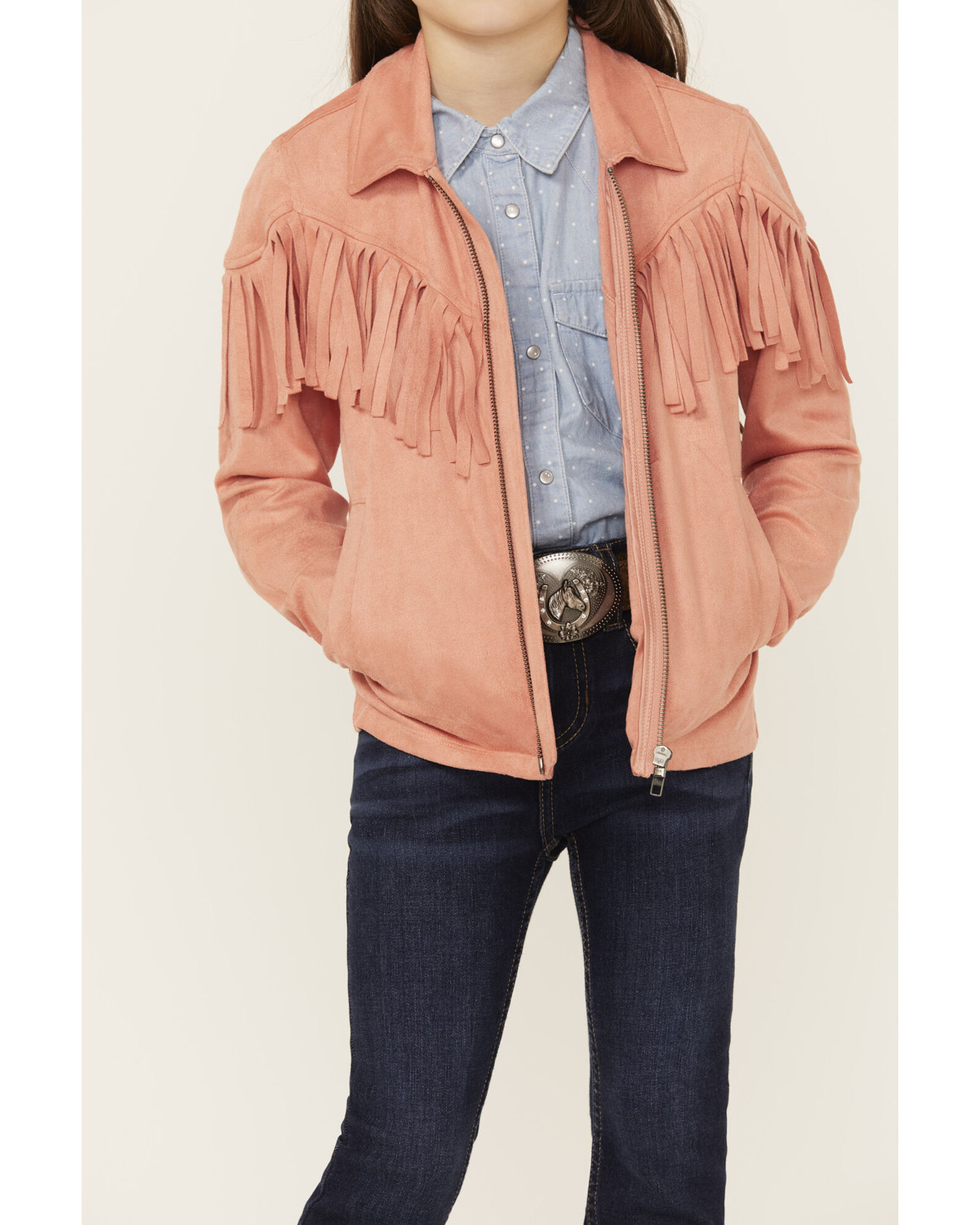 Shyanne Girls Juniper Faux Suede Fringe Jacket Rose