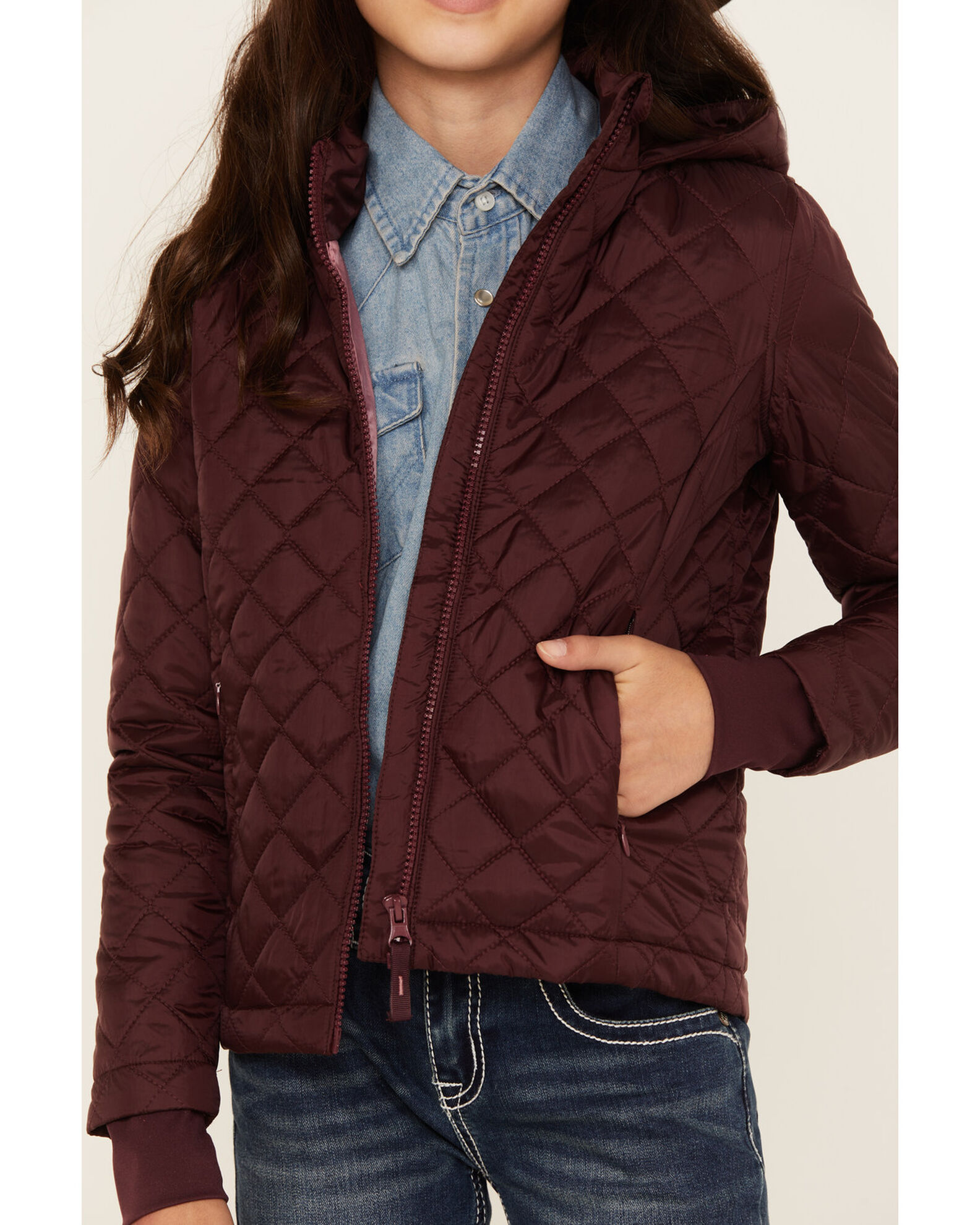 Shyanne Girl's Diamond Hooded Puffer Jacket, Dark Red