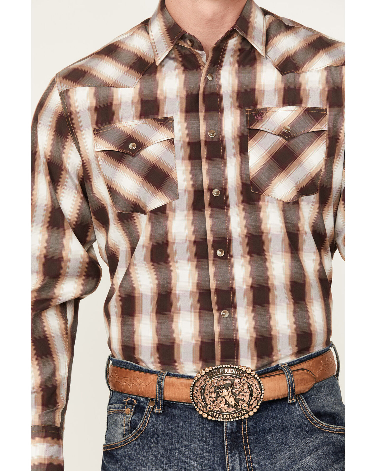 Rodeo Clothing Men's Plaid Print Long Sleeve Snap Western Shirt, Burgundy