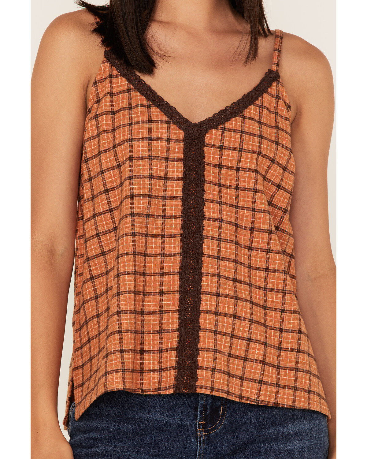 Cleo + Wolf Women's Plaid Print Flannel Tank Top, Cognac