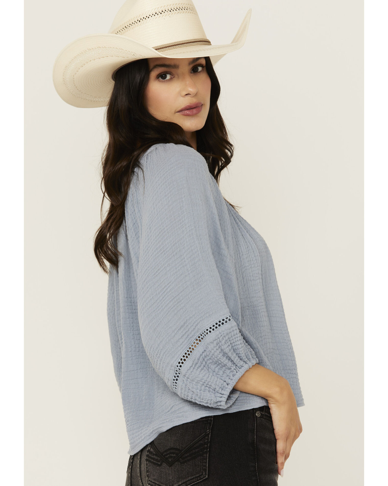 Cleo + Wolf Women's Brie Crochet Trim Long Sleeve Shirt, Light Blue
