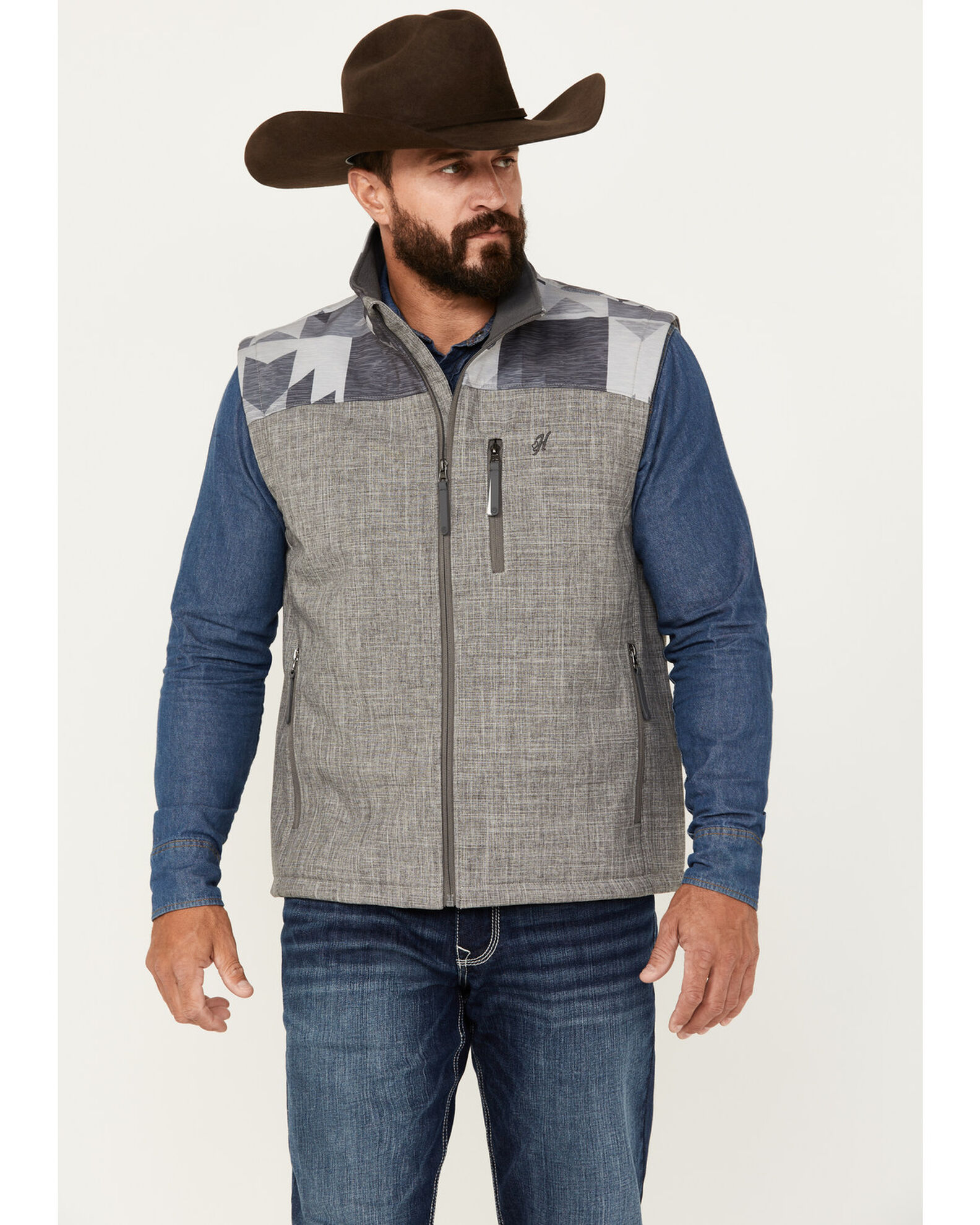 Hooey Men's Southwestern Print Softshell Vest, Grey