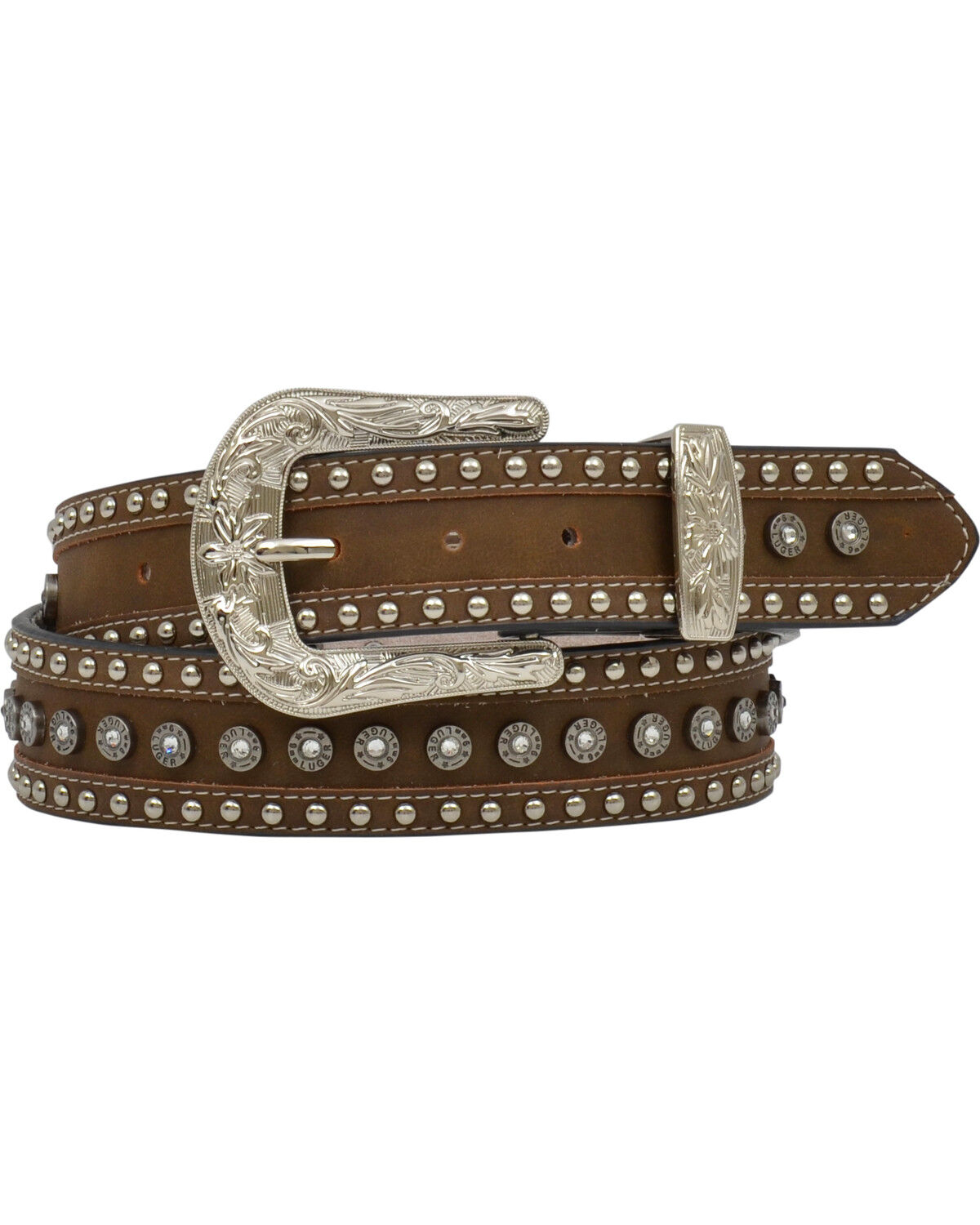 Angel Ranch Women's 1.5" Gun Shell Concho Fashion Belt, Brown, hi-res