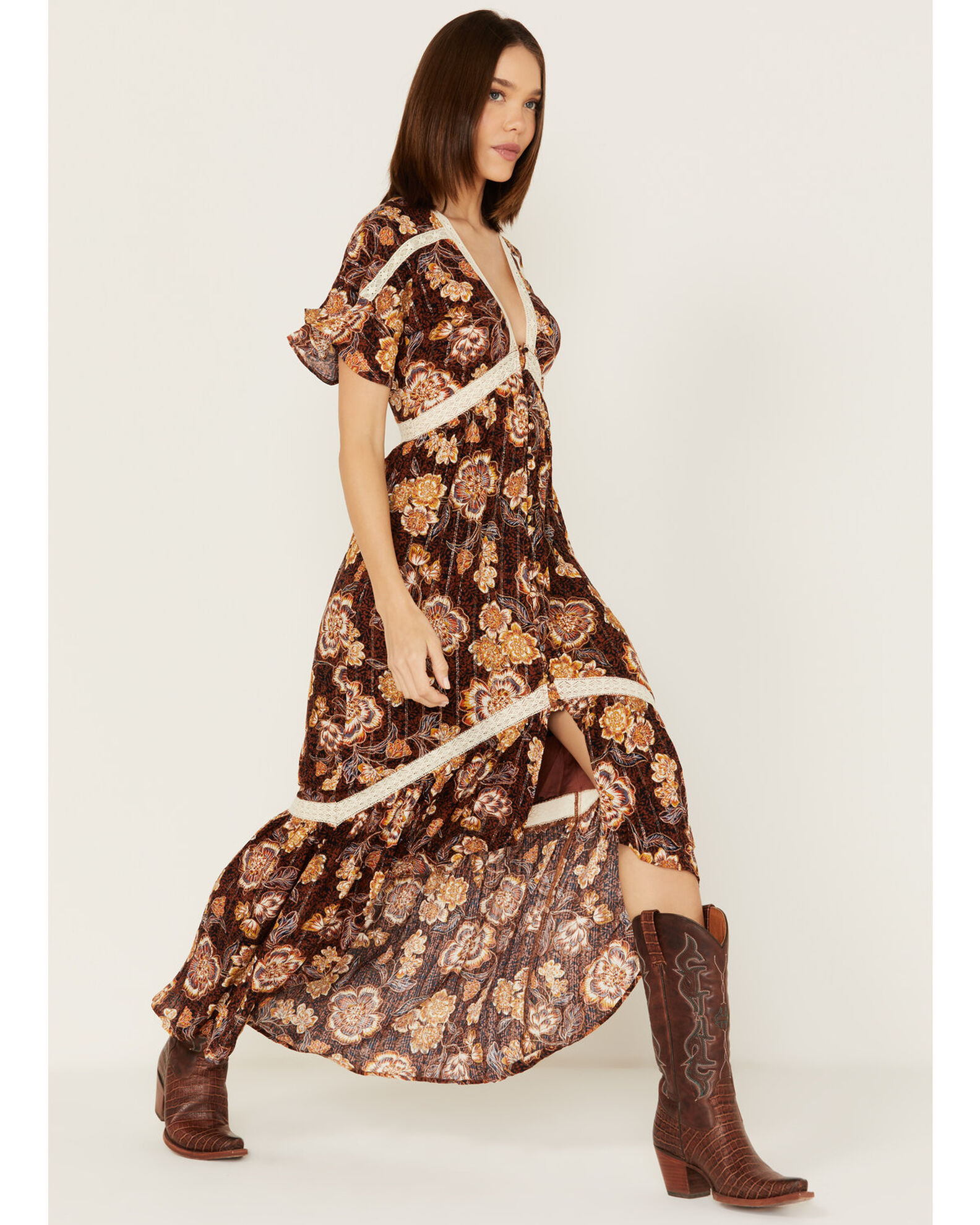 Shyanne Women's Short Sleeve Floral Print High-Low Maxi Dress, Dark Blue