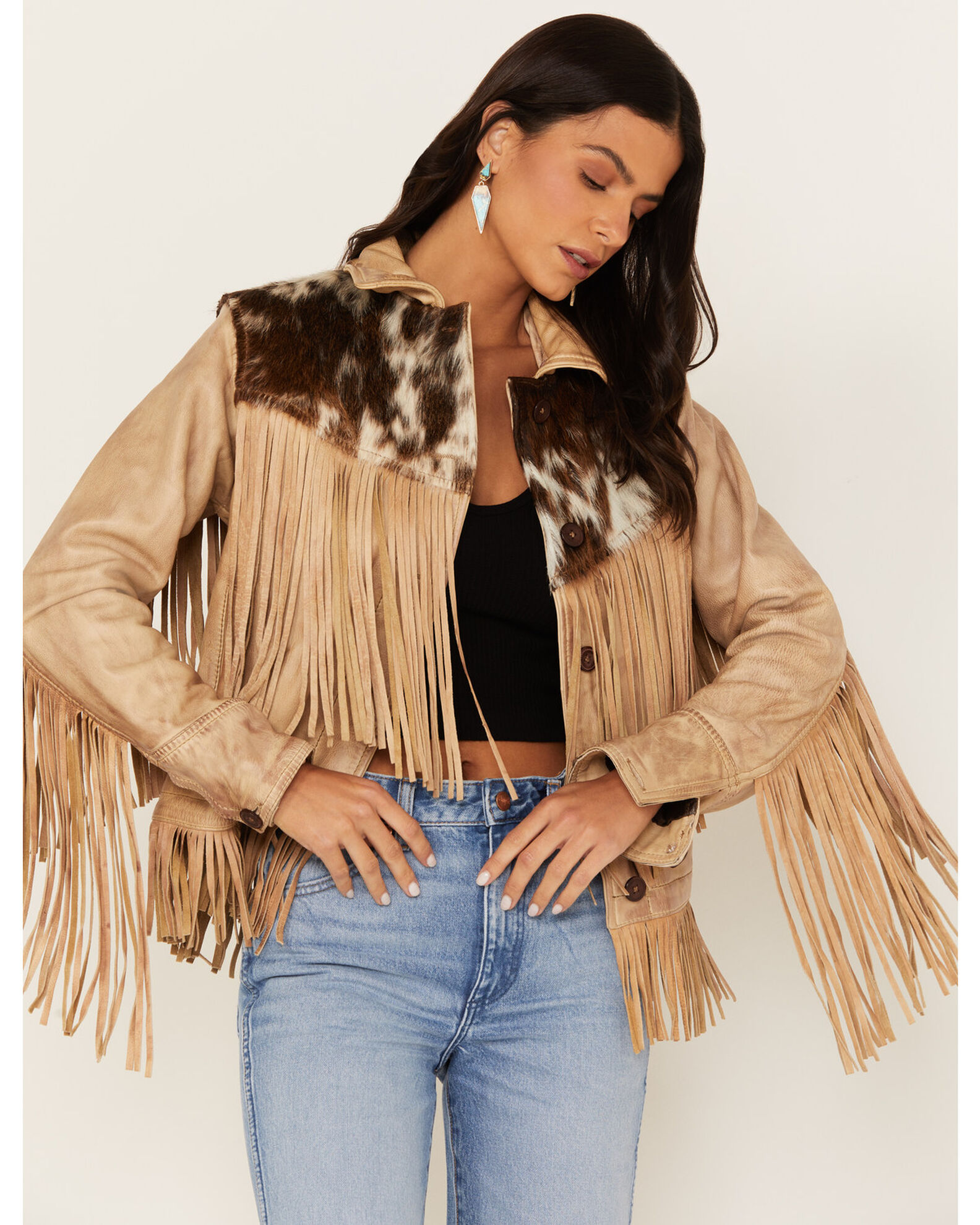 STS Ranchwear Women's Cowhide Frontier Fringe Jacket, Tan