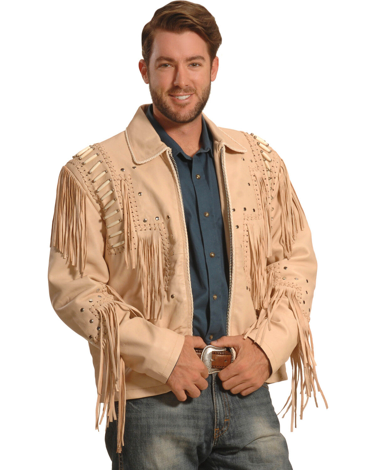 Liberty Wear Men's Fringed Leather Jacket - Big, Cream