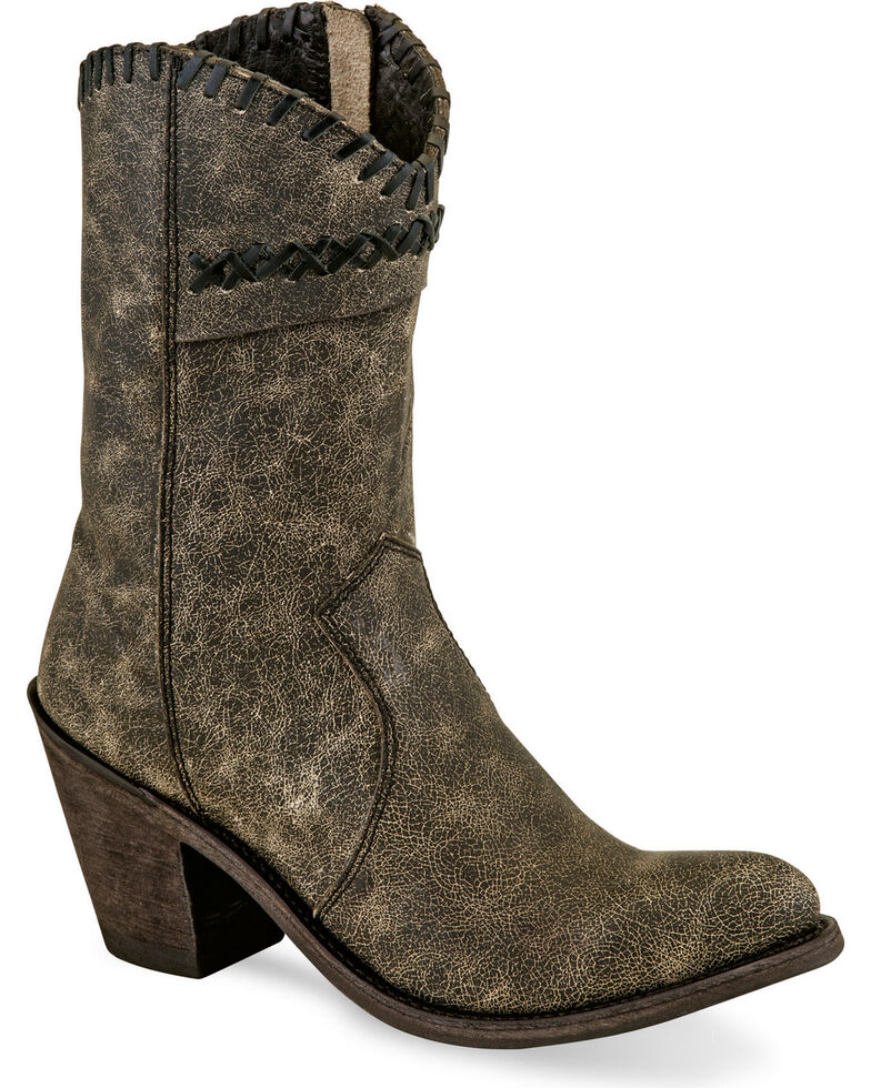 Old West Women's Distressed Charcoal Cross Stitch Cowgirl Boots - Round ...