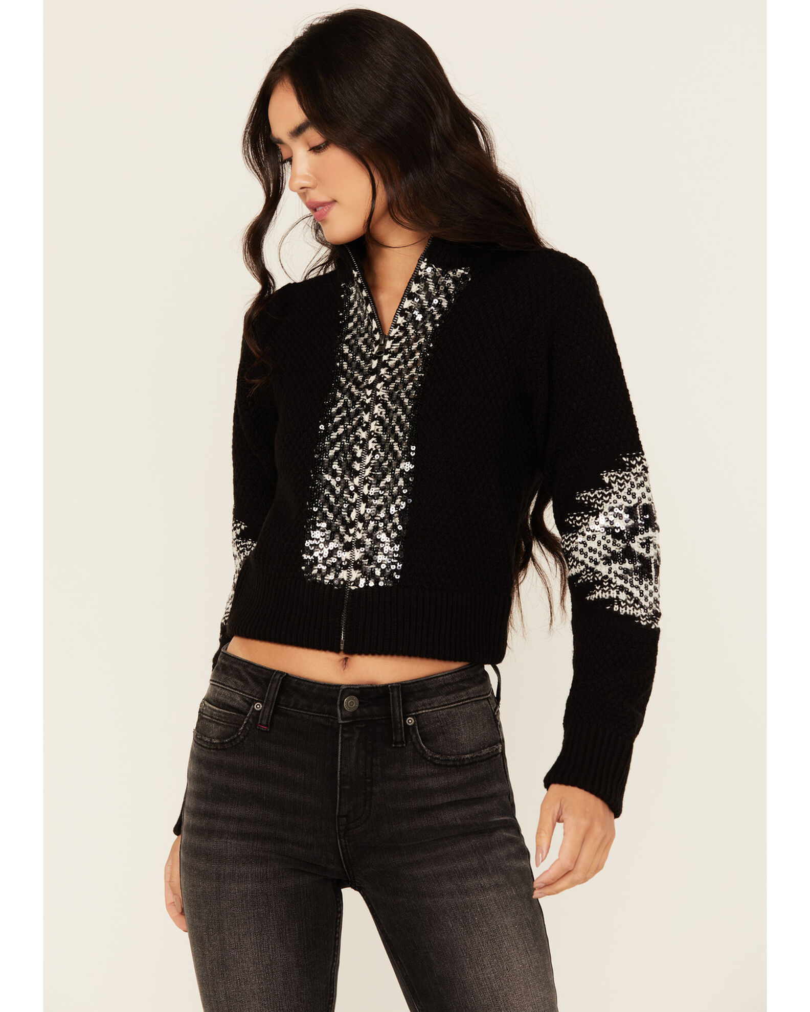 Idyllwind Women's Dallas Sequins Cropped Zip Front Sweater, Black