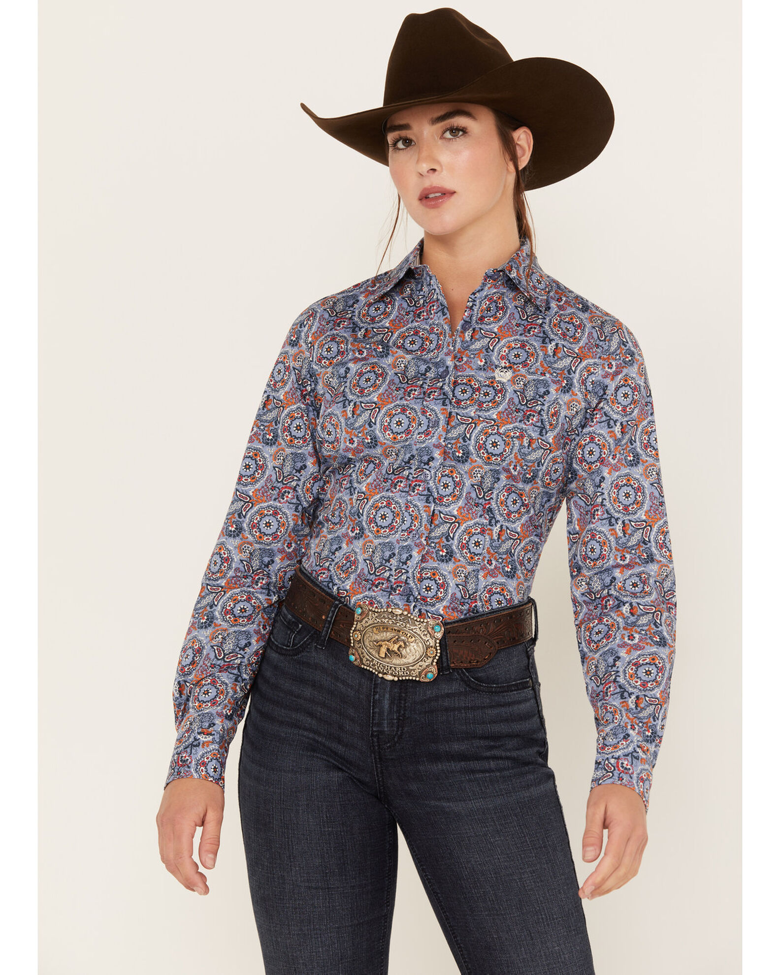 Product Name Cinch Womens Medallion Print Long Sleeve Button Down