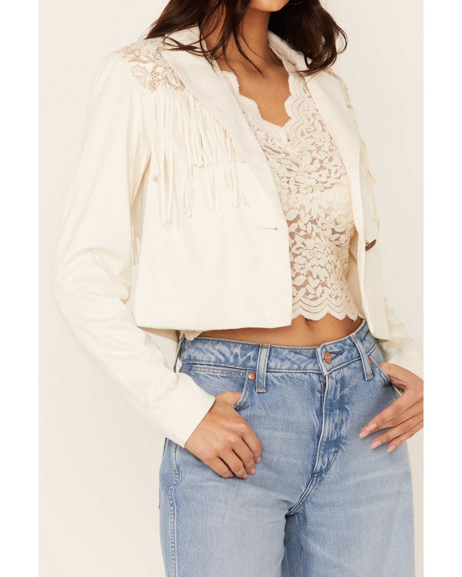 Shyanne Women's Embellished Fringe Faux Suede Blazer, Cream