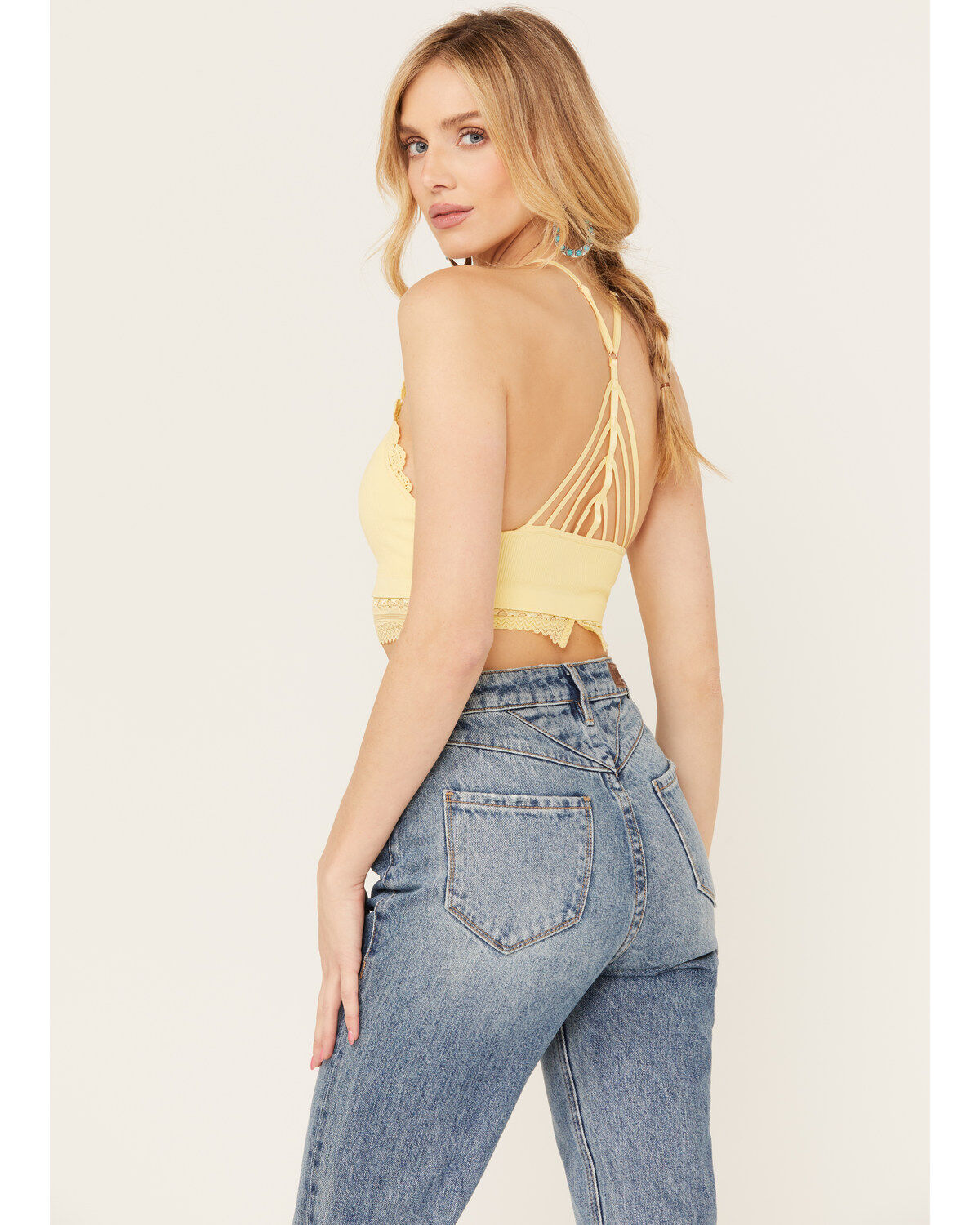 Fornia Women's Halter Lace Trim Bralette, Yellow