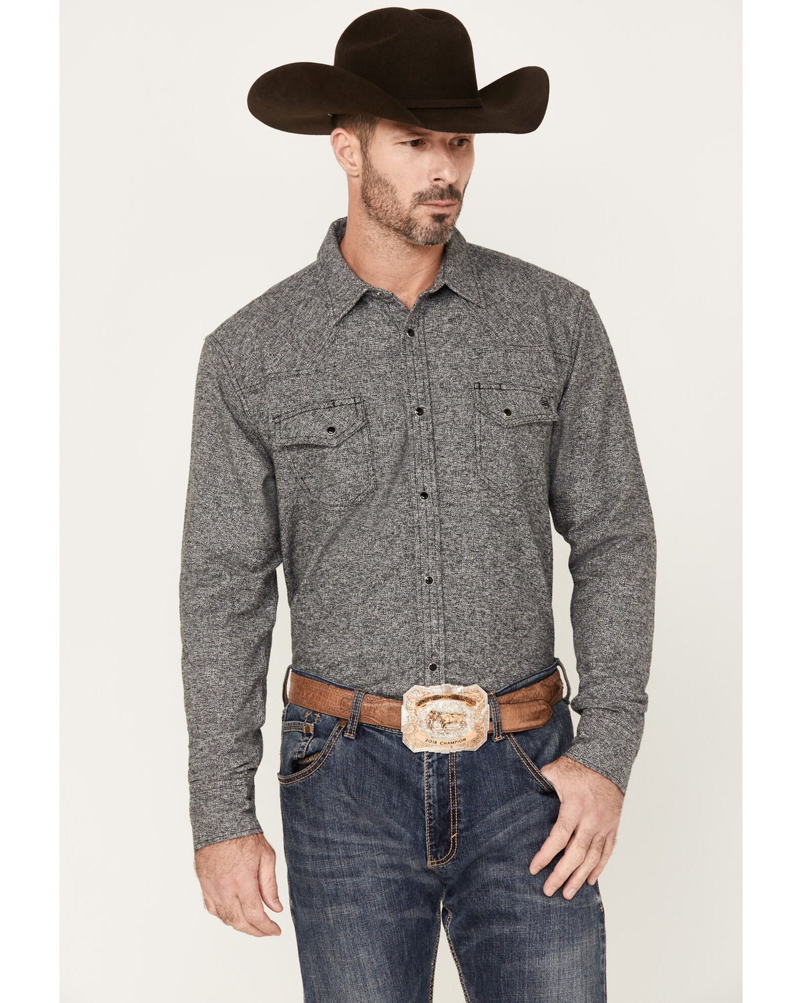 Blue Ranchwear Men's Jasper Heather Long Sleeve Snap Flannel Shirt, Black