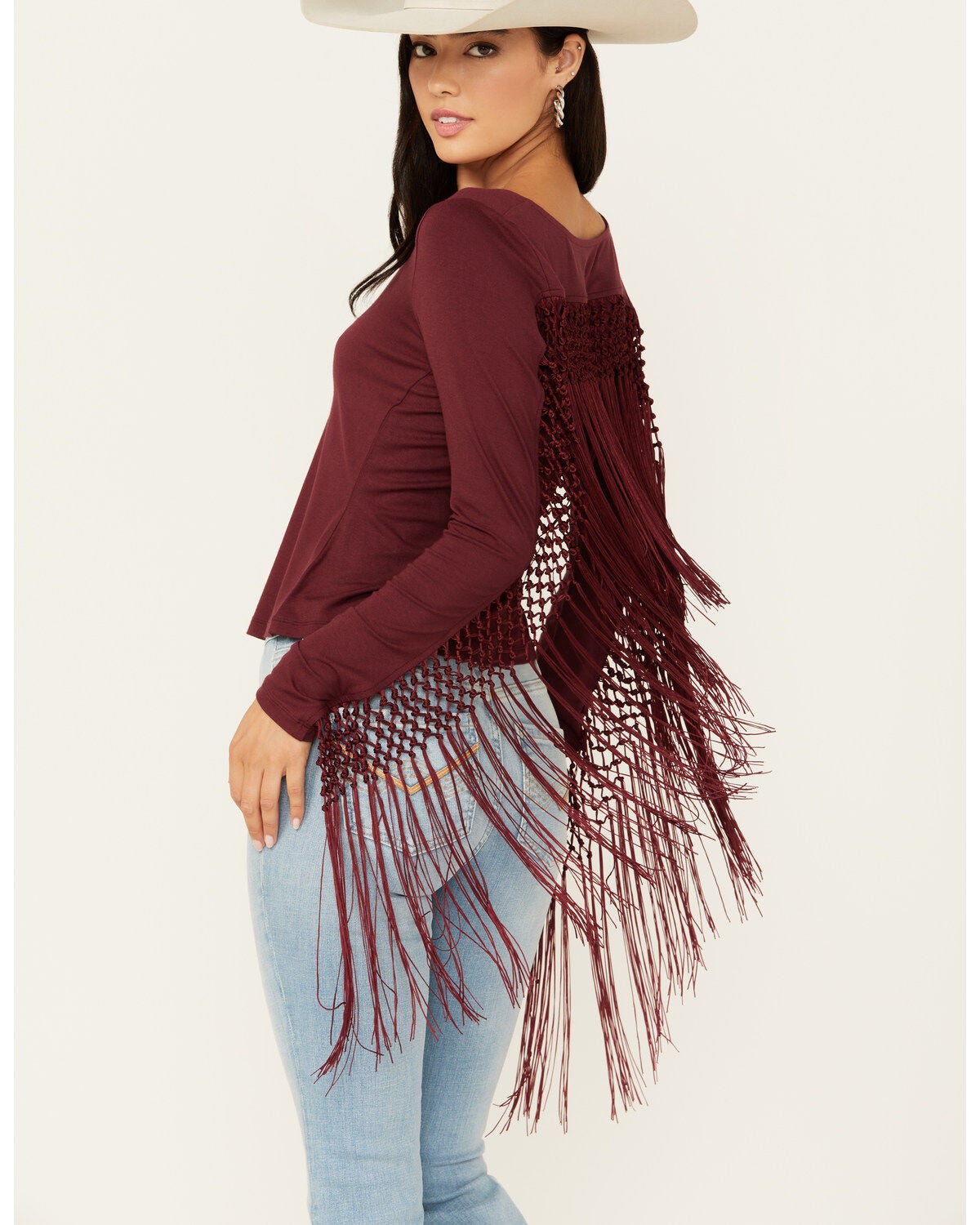 Idyllwind Women's Elsie Kimono Fringe Top, Maroon