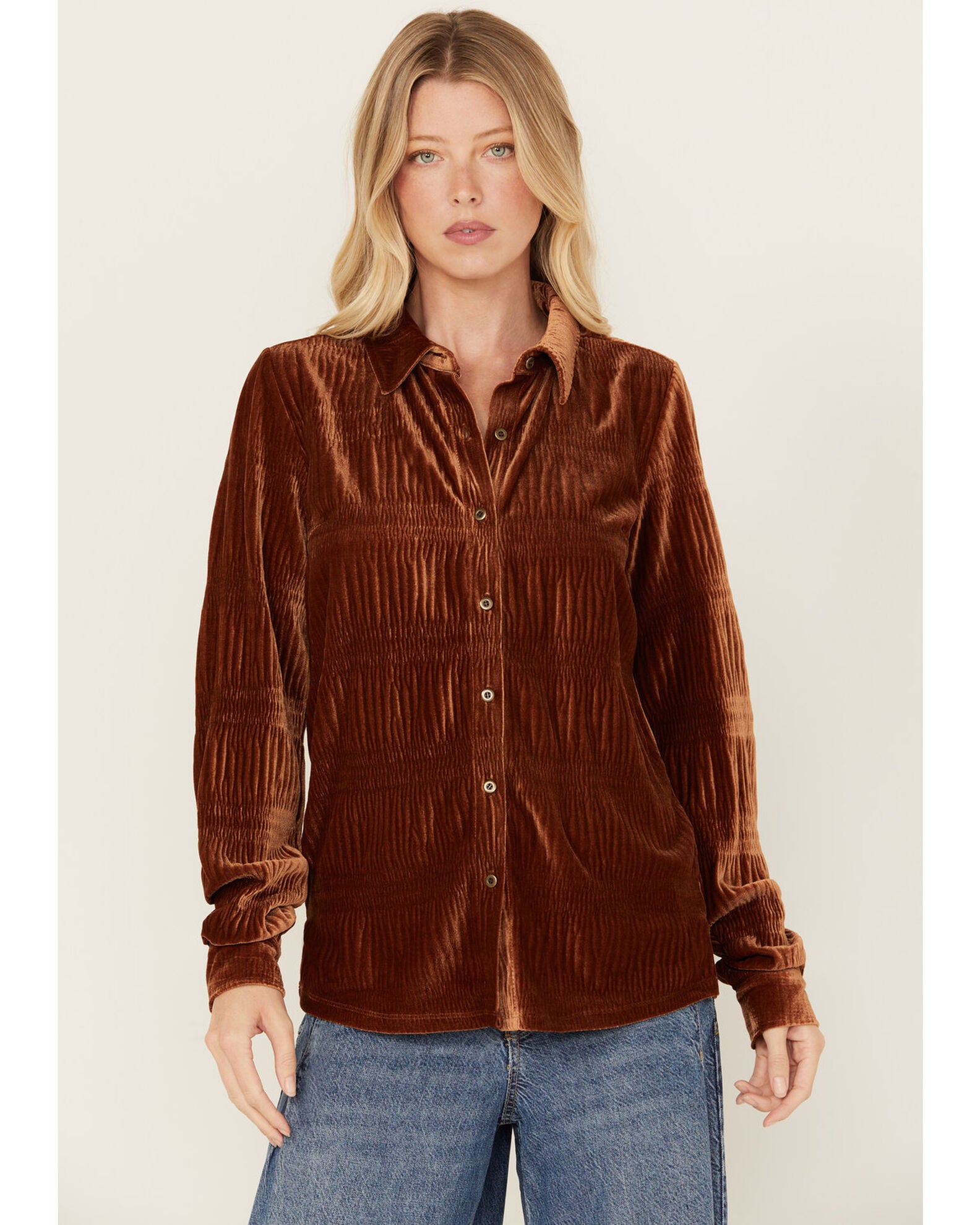 Rock & Roll Denim Women's Velvet Button Up Long Sleeve Shirt, Rust Copper