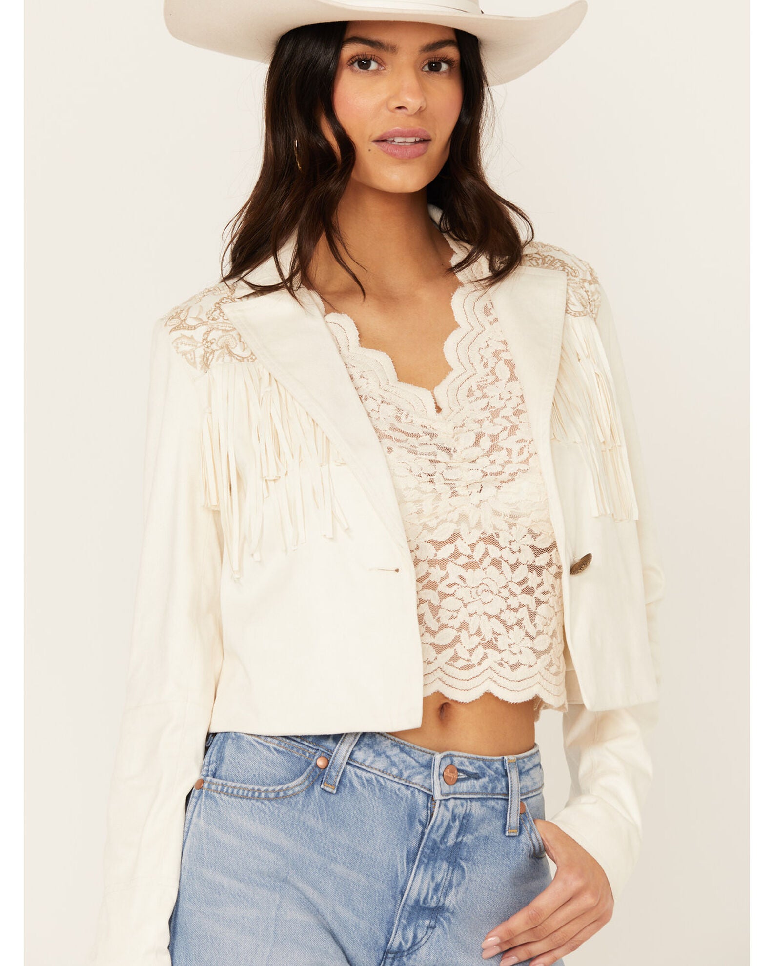 Shyanne Women's Embellished Fringe Faux Suede Blazer, Cream