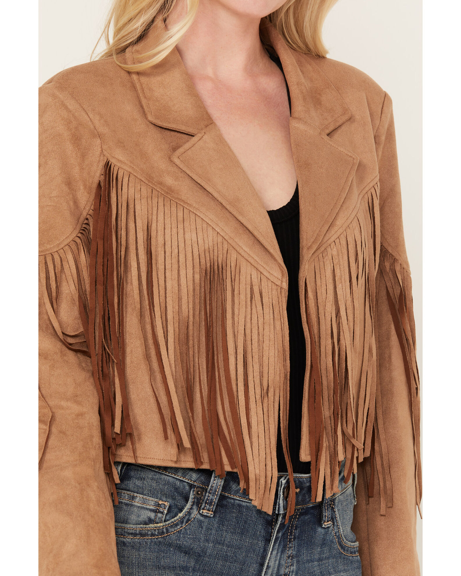 Saints & Hearts Women's Faux Suede Cropped Fringe Jacket,