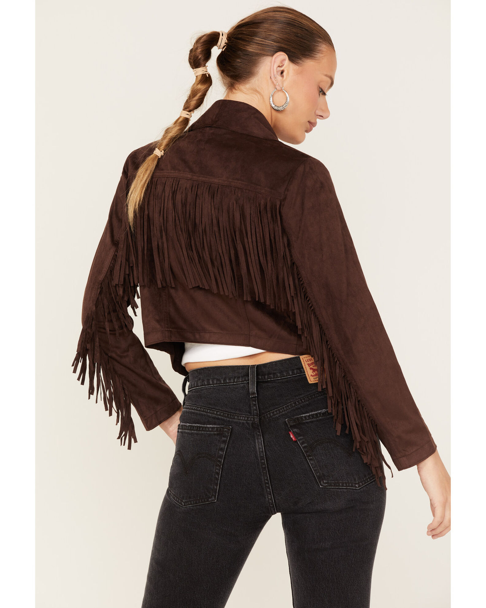 Shyanne Womens Fringe Faux Suede Jacket Chocolate