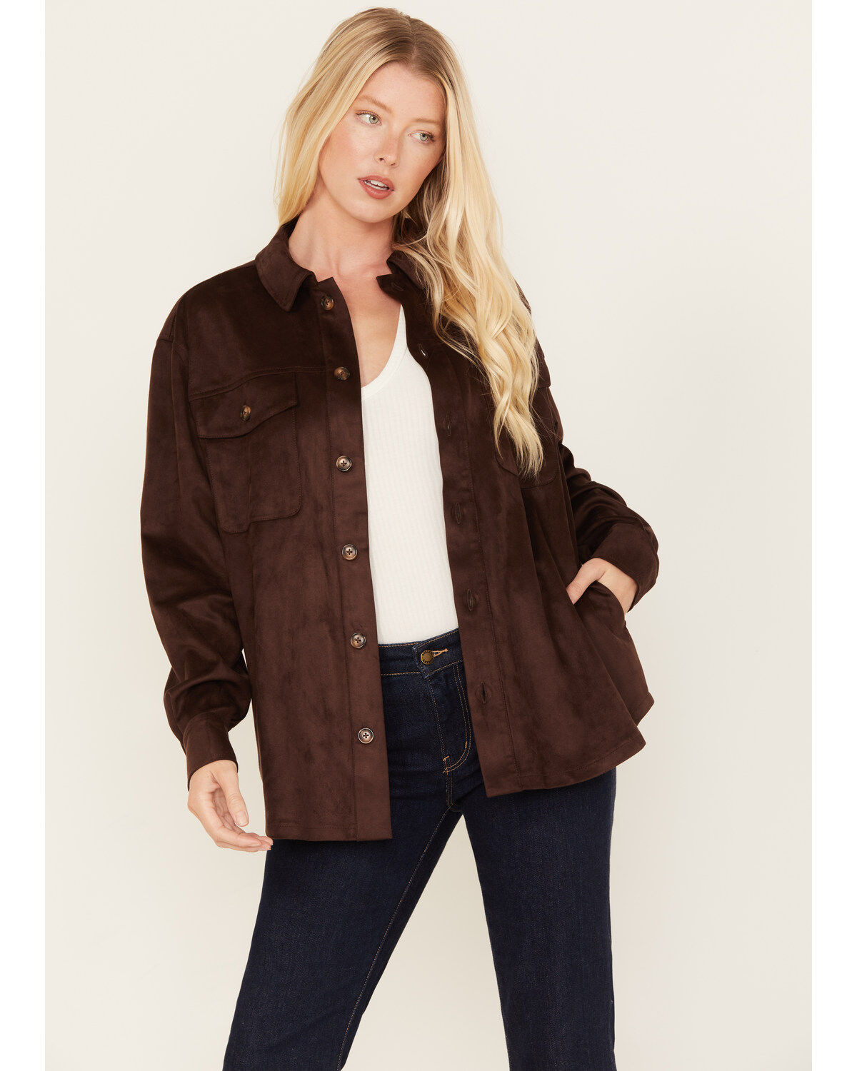 Cleo + Wolf Women's Faux Suede Shacket, Chocolate