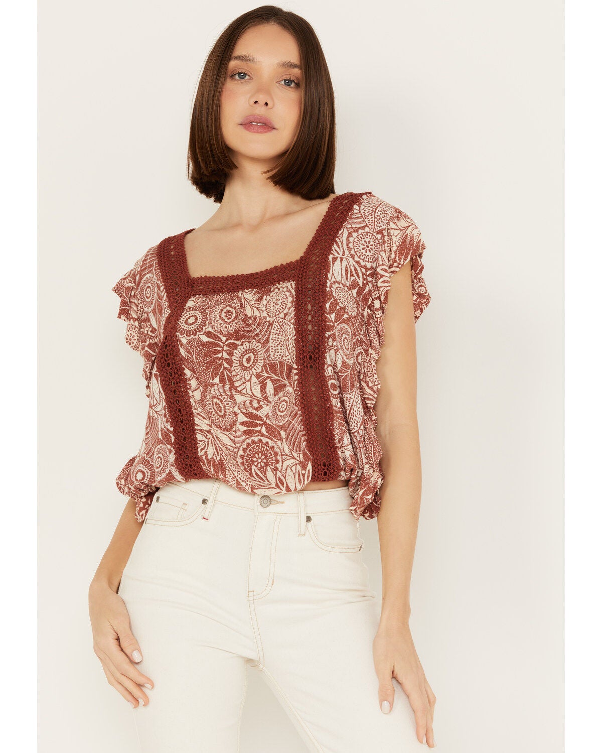 Angie Women's Butterfly Sleeve Floral Top, Rust Copper