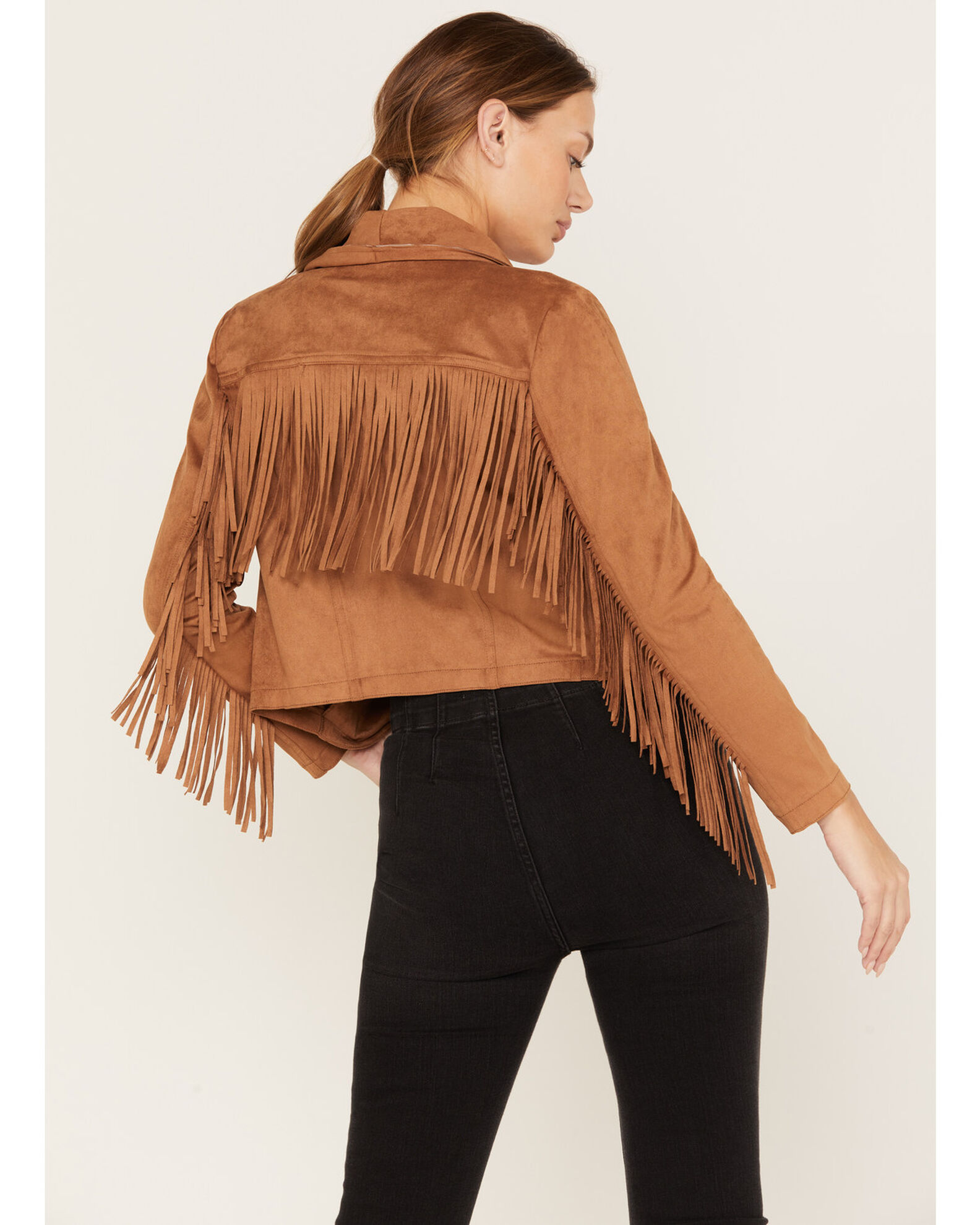 Shyanne Women's Crop Fringe Faux Suede Jacket, Brown