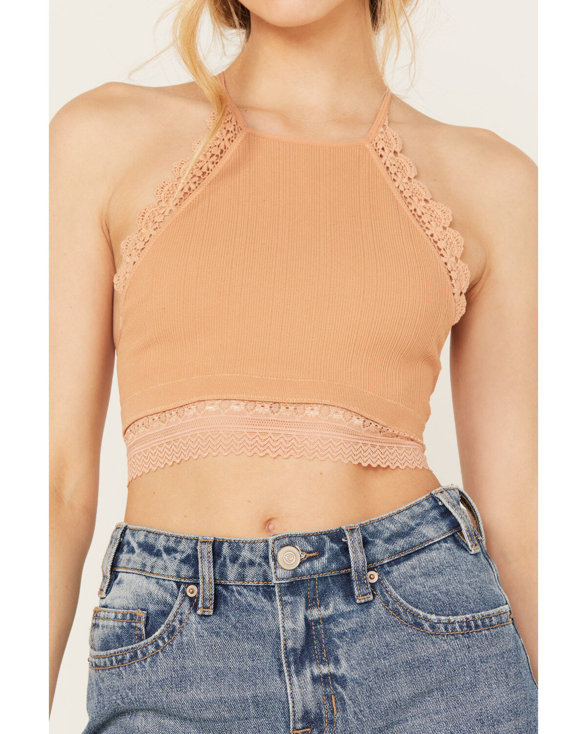 Fornia Women's Halter Lace Trim Bralette, Pink