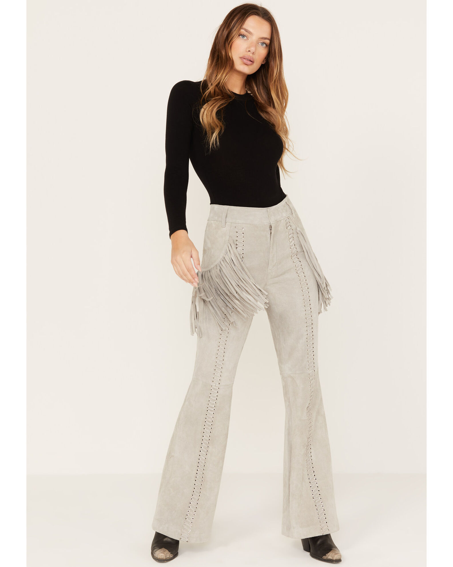 Wonderwest Women's Leather Fringe Pants, Grey