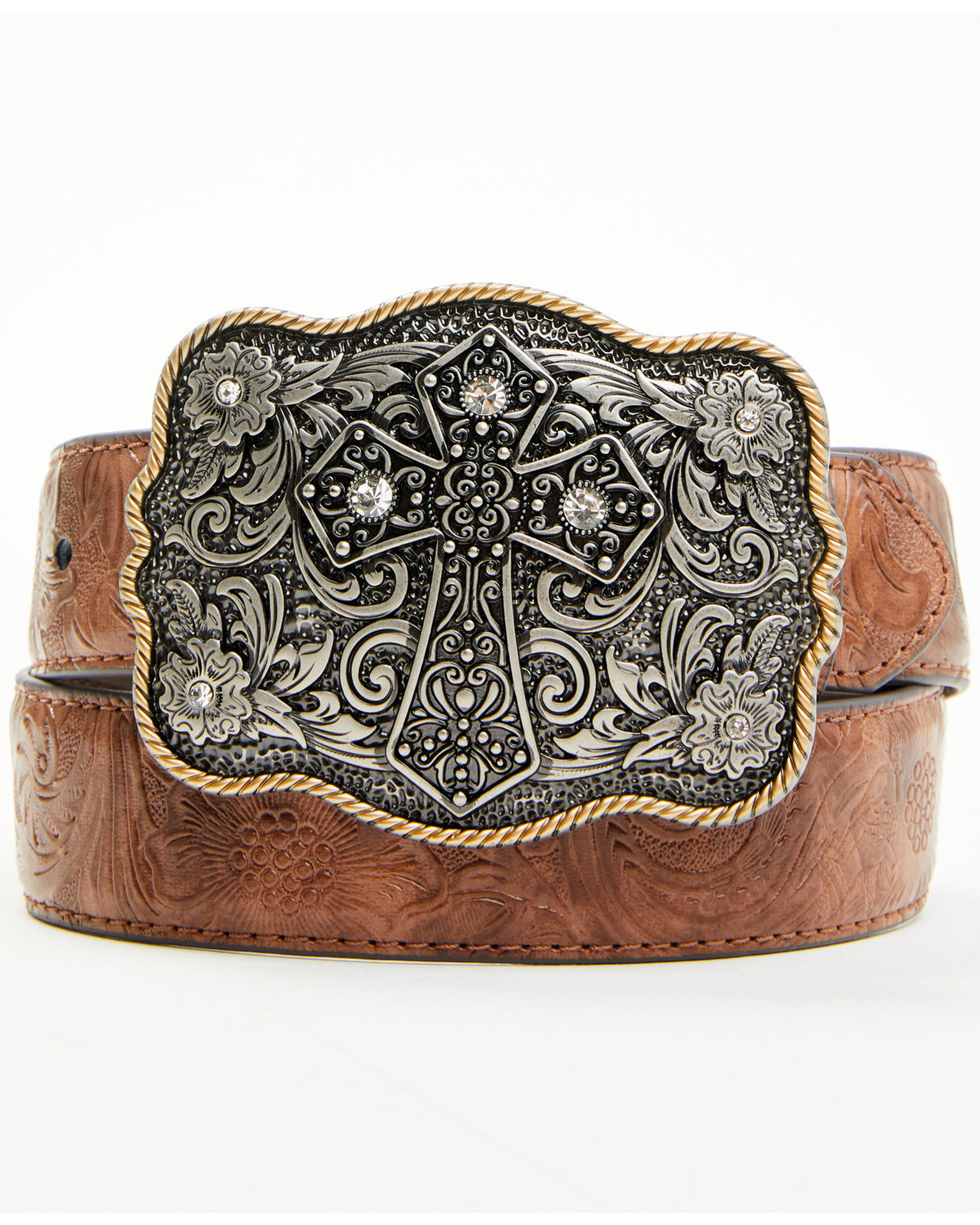 Shyanne Girls' Cross Buckle Floral Embossed Belt, Brown