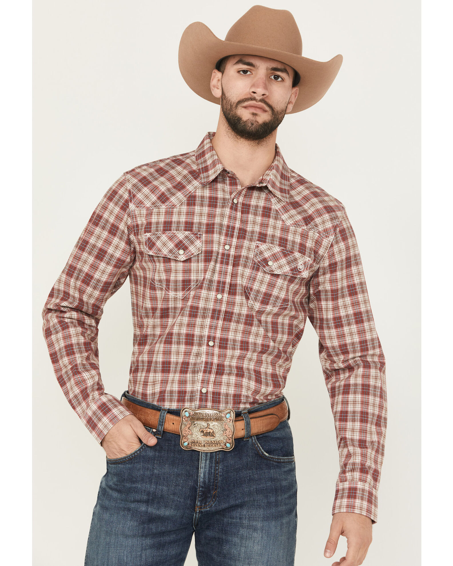 Blue Ranchwear Men's Mojave Plaid Print Long Sleeve Snap Western Shirt, Red