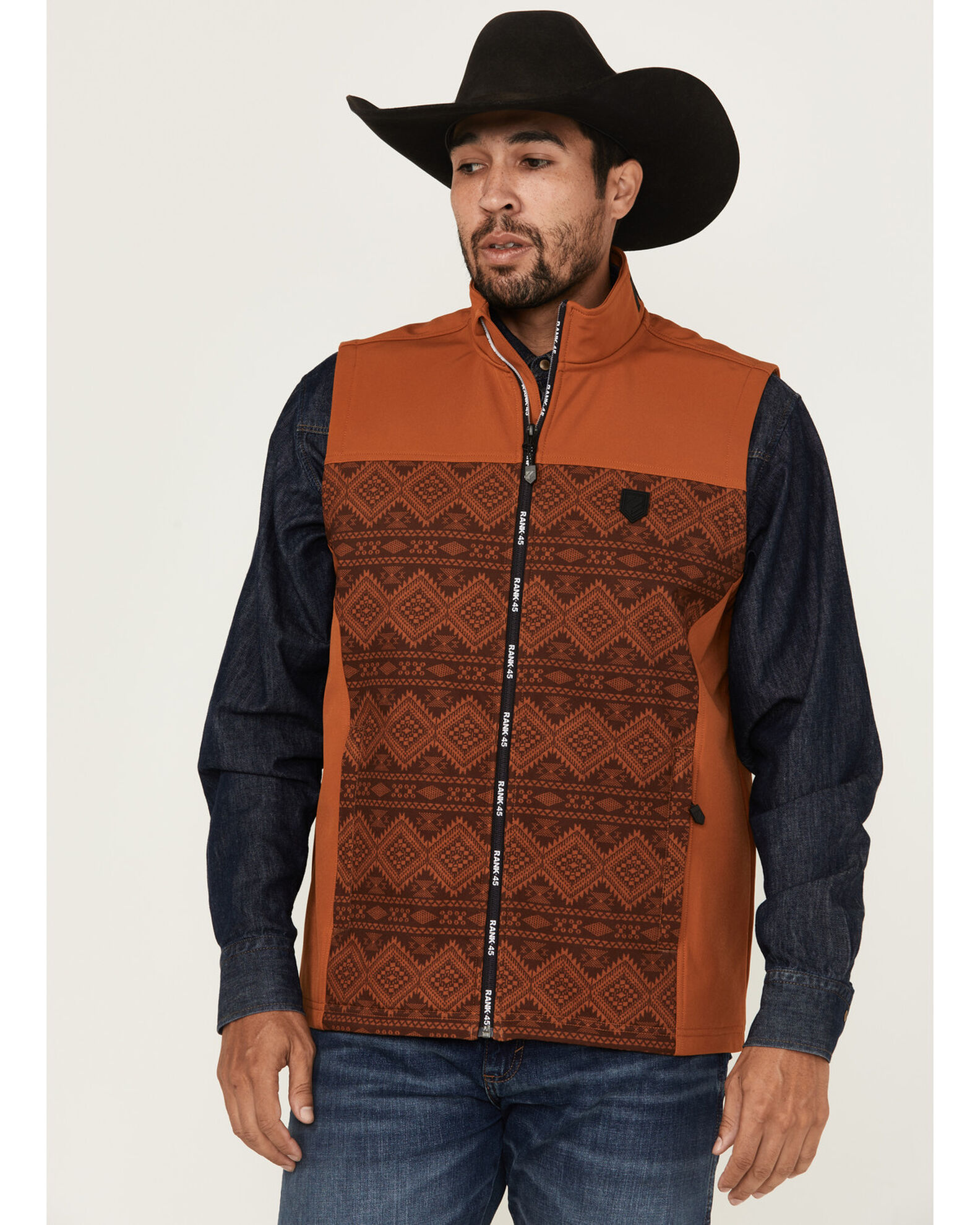 Rank 45® Mens Southwestern Print Color Block Softshell Vest Brown