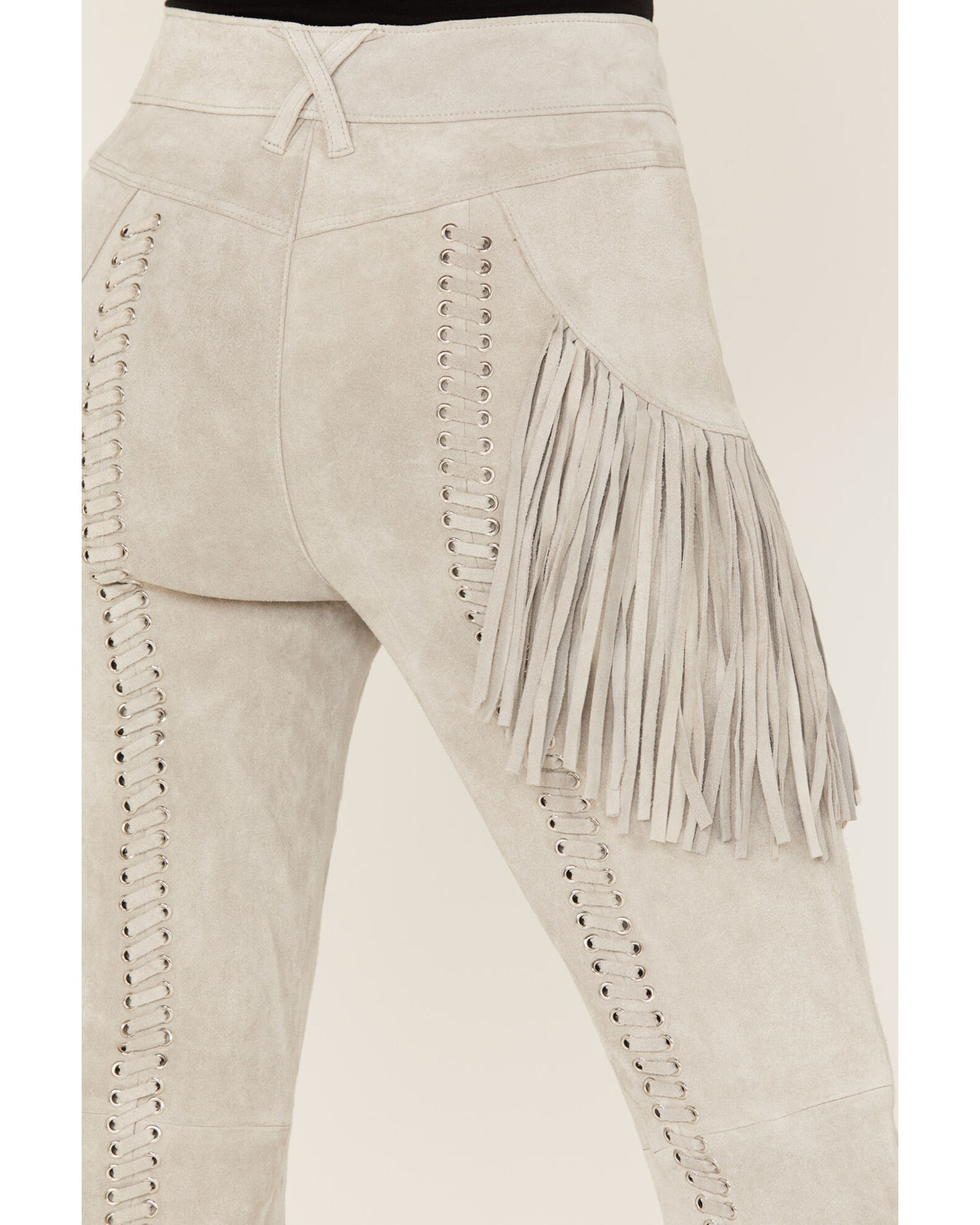 Wonderwest Women's Leather Fringe Pants, Grey